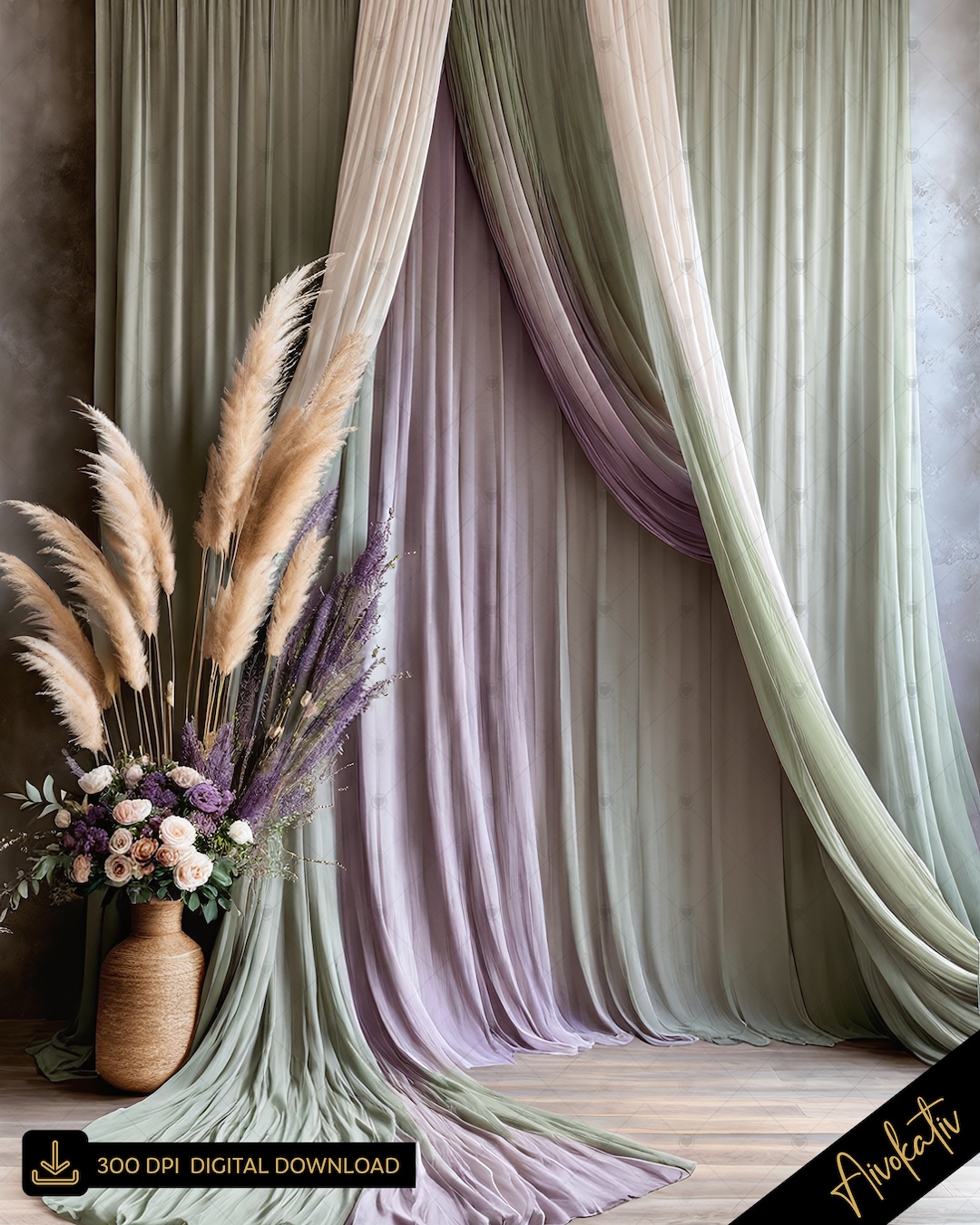 Elegant Soft Sage & Lavender Digital Photography Backdrop, Boho Fabric ...