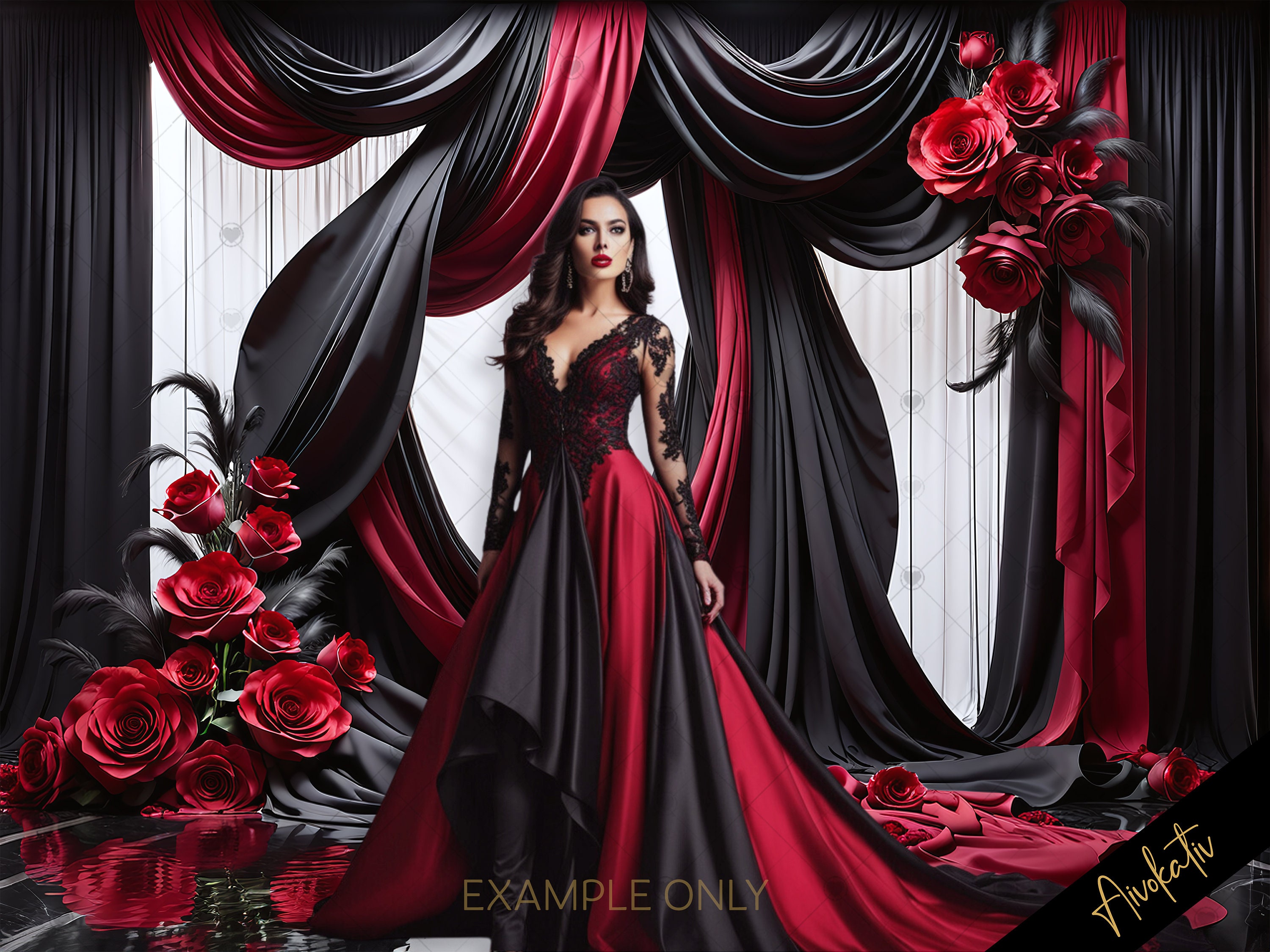 Elegant Red & Black Digital Photography Backdrop, Dramatic Fabric ...