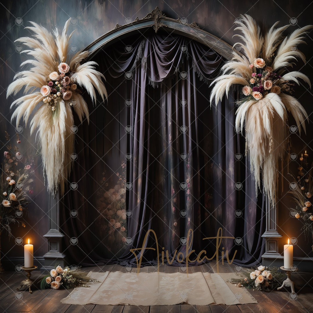 Elegant Dark Boho Digital Photography Backdrop Pampas Digital ...