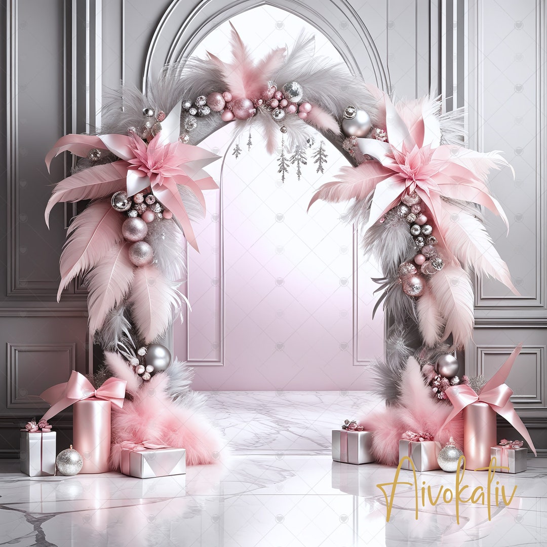 Holiday Pink & Silver Arch Digital Photography Backdrop, Feathers ...