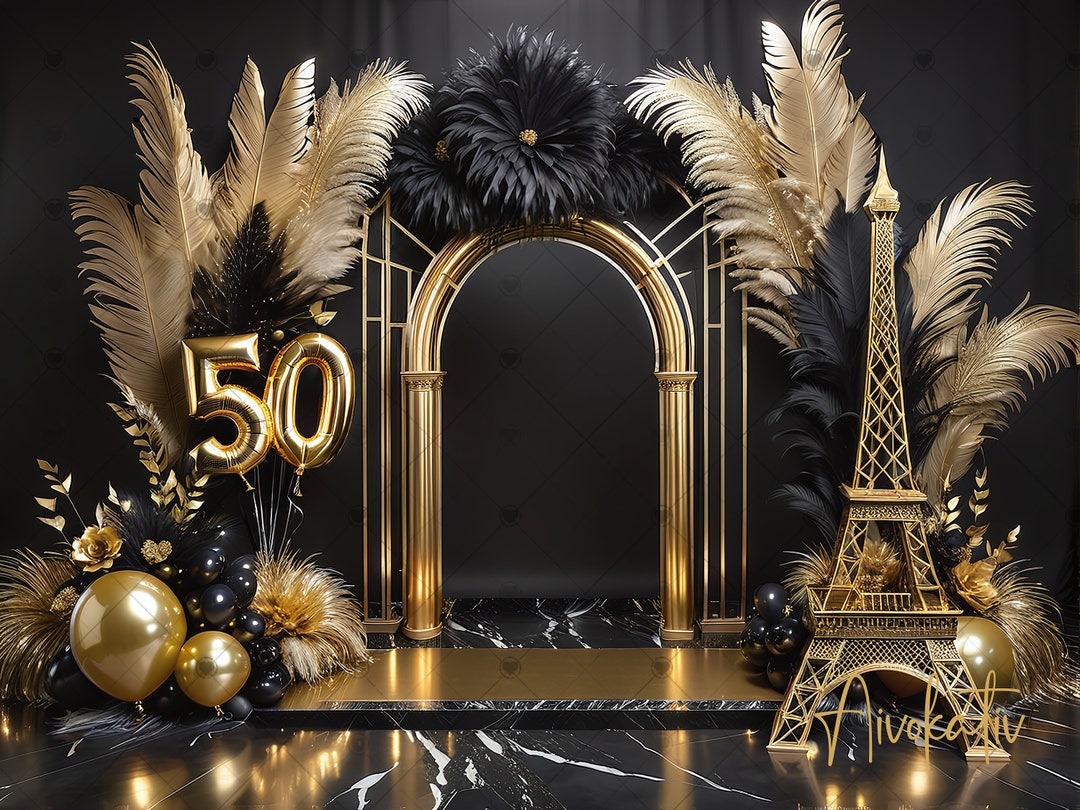 Elegant Black And Gold 50th Birthday Digital Photography Backdrop