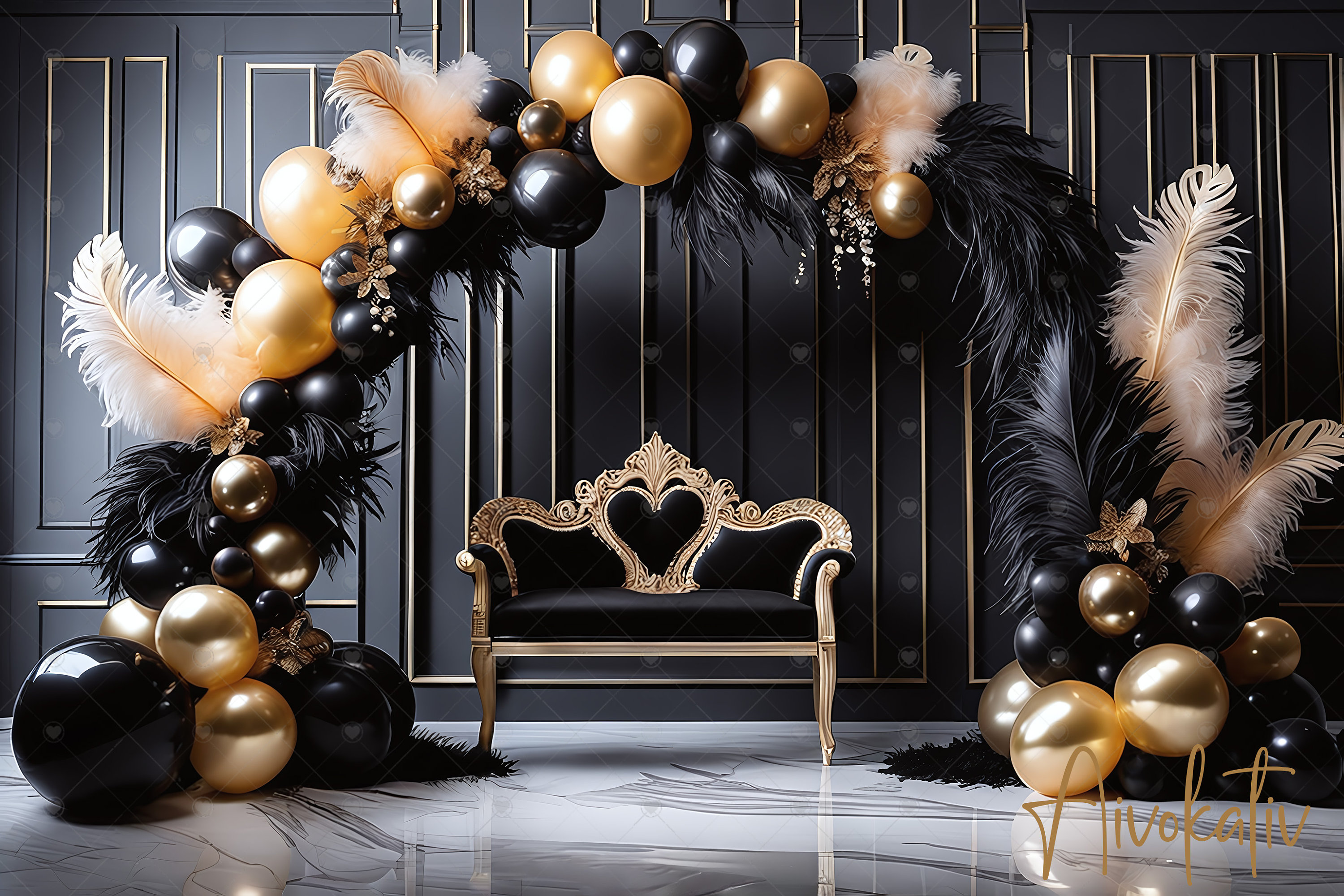 Elegant Black & Gold Digital Photography Backdrop Feathers and Balloons ...
