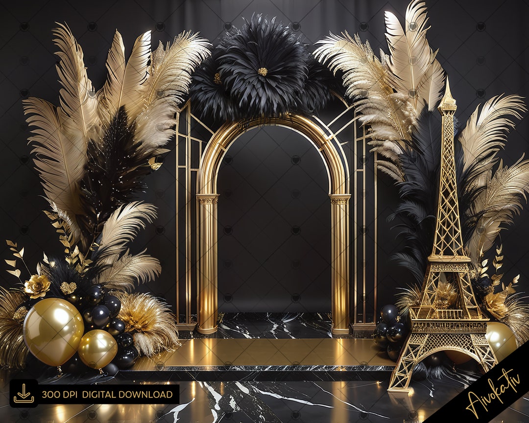 Elegant Black & Gold Eiffel Tower Digital Photography Backdrop, Digital ...