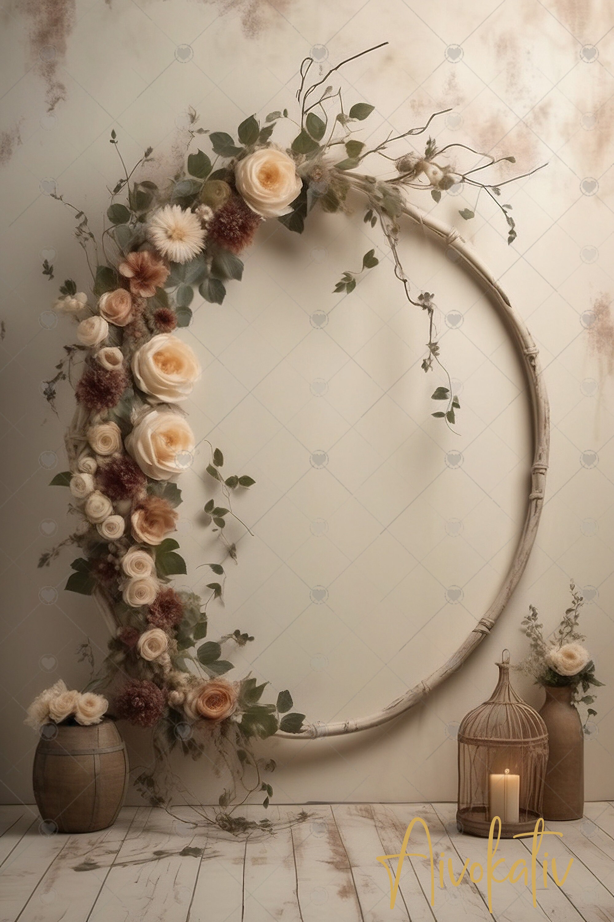 Elegant Boho Oval Digital Floral Frame Photography Backdrop, Digital ...