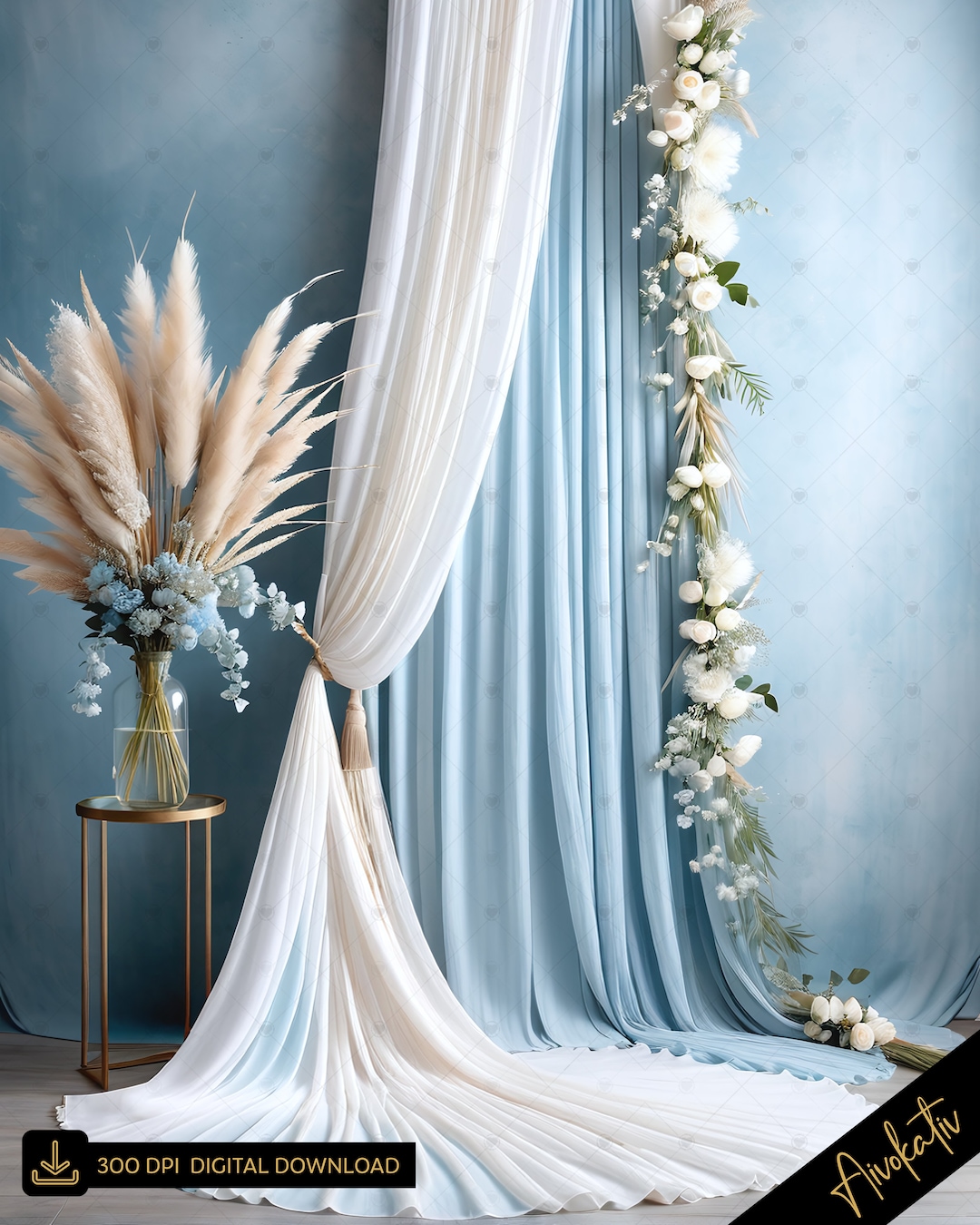 Romantic Soft Blue Drape Digital Photography Backdrop, Boho Fabric ...
