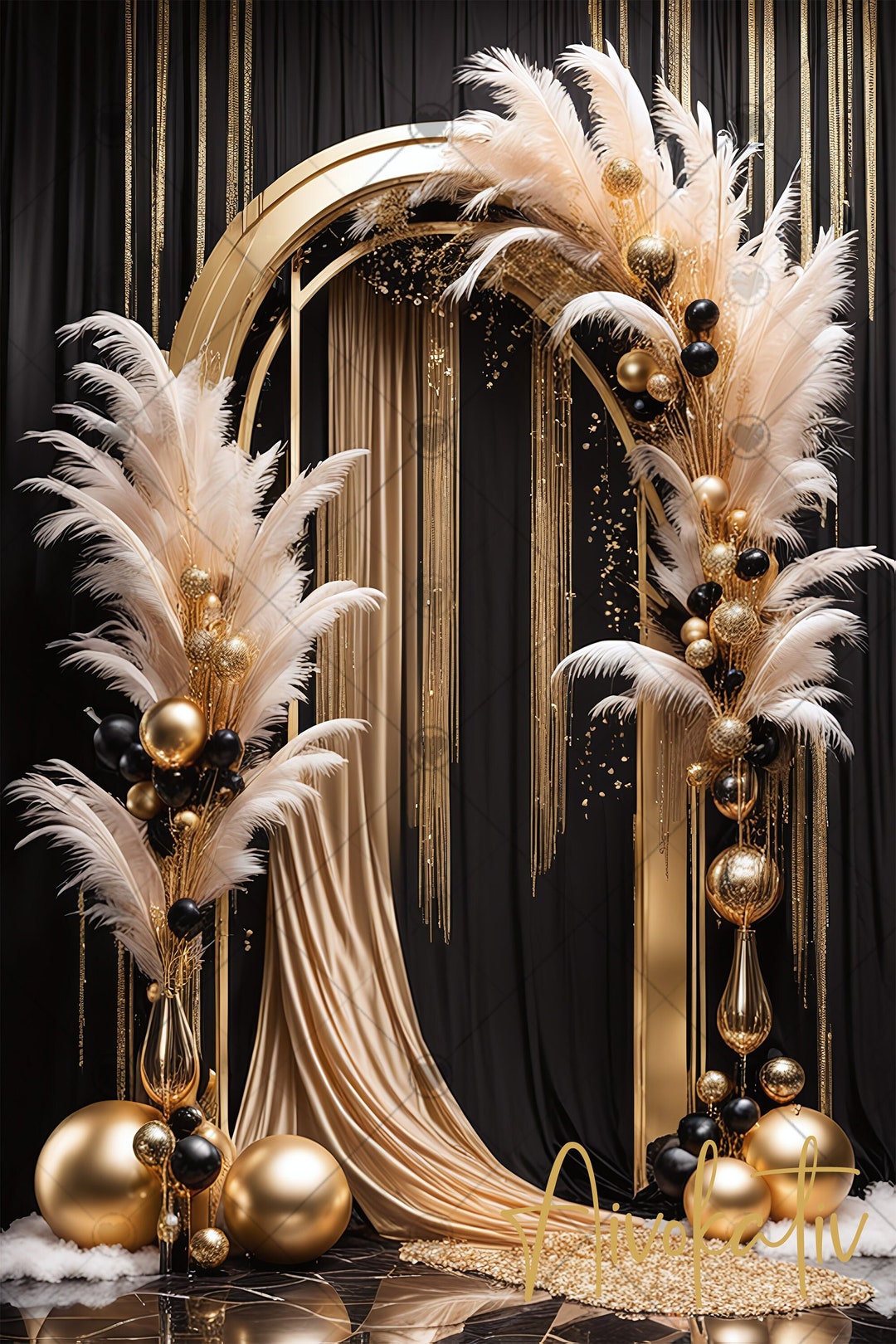Elegant Black & Gold Digital Photography Backdrop Feathers and Pampas ...