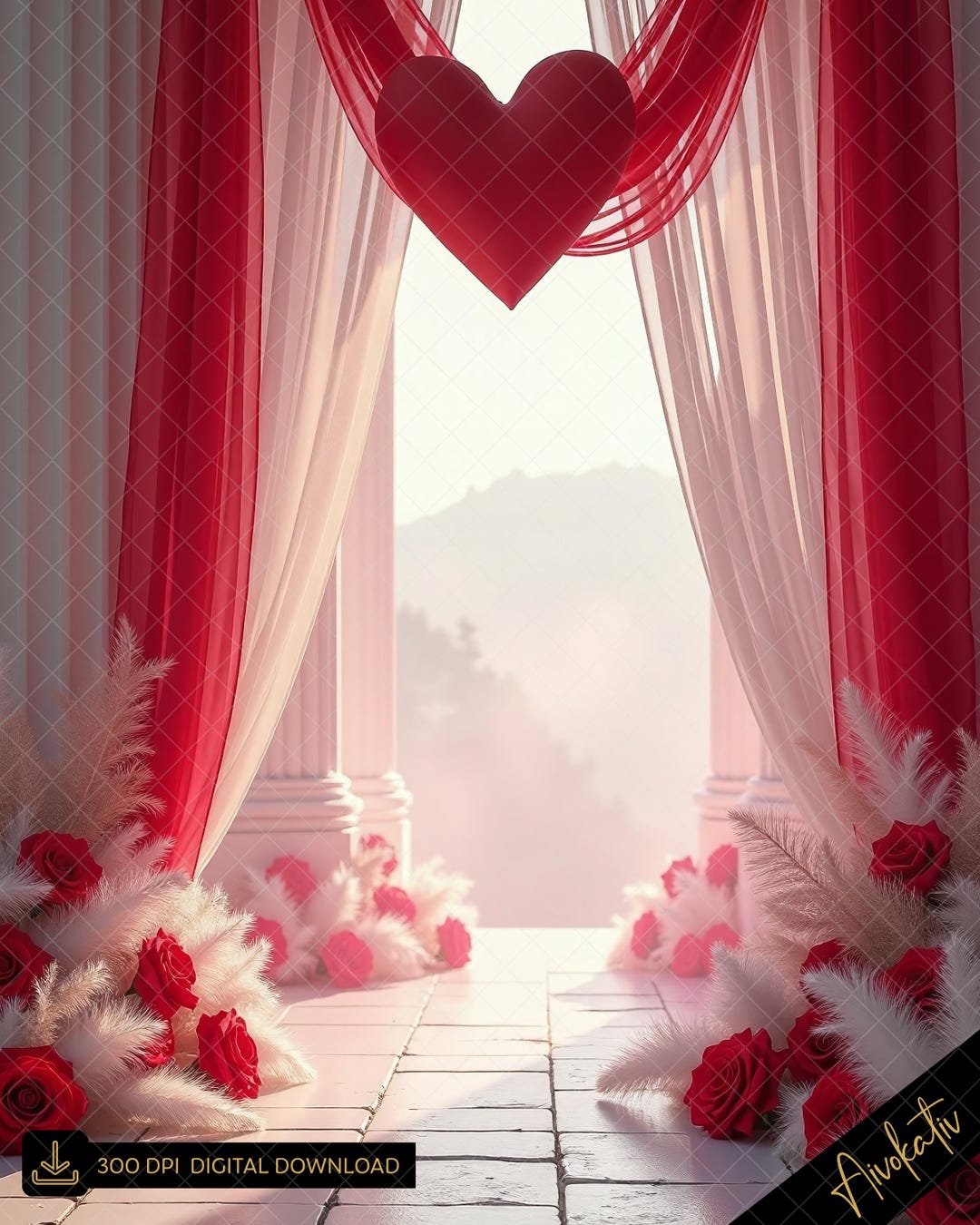 Elegant Red & White Heart Digital Photo Backdrop, Romantic Digital ...