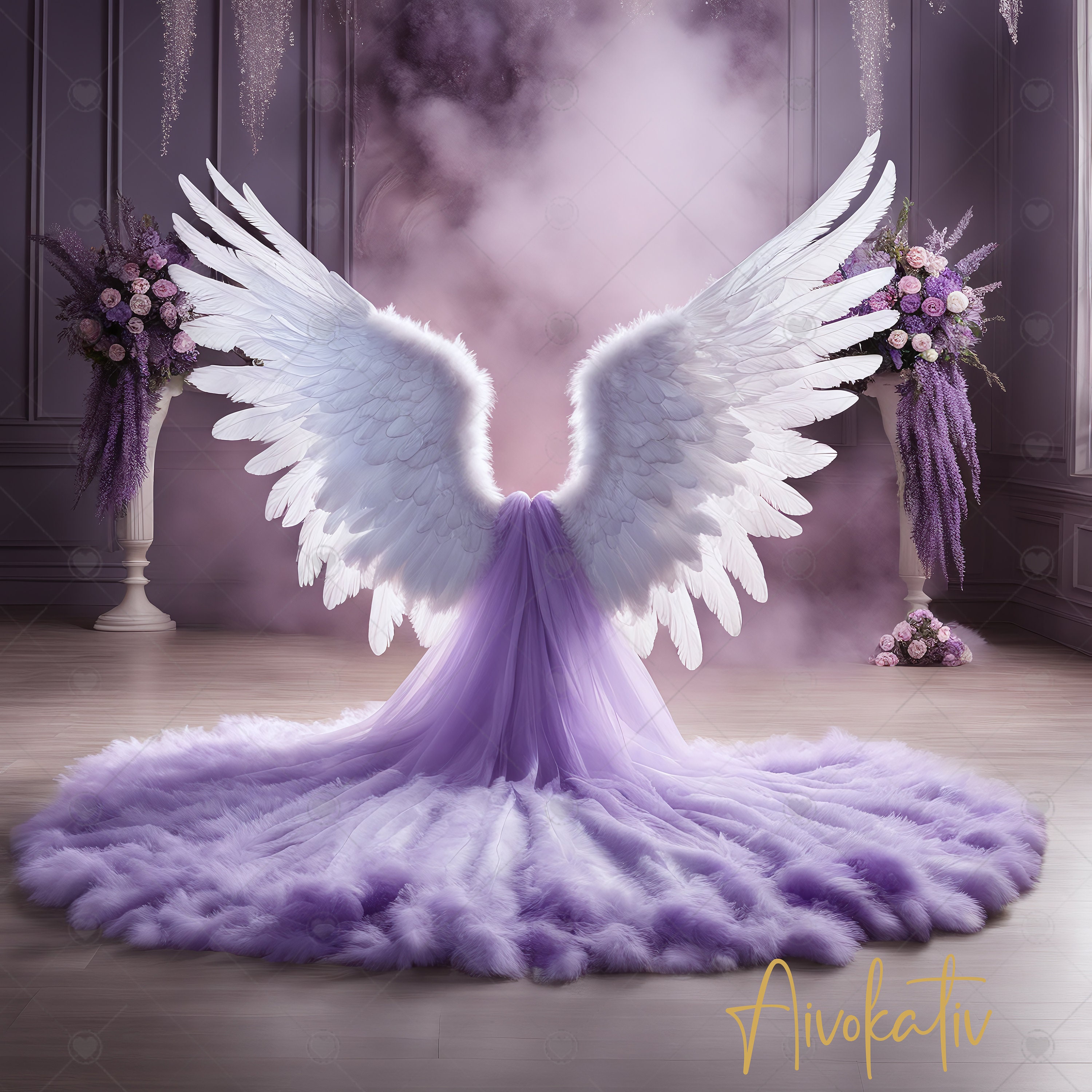 Festive White Wings Lavender Fabric Digital Photography on Backdrop ...
