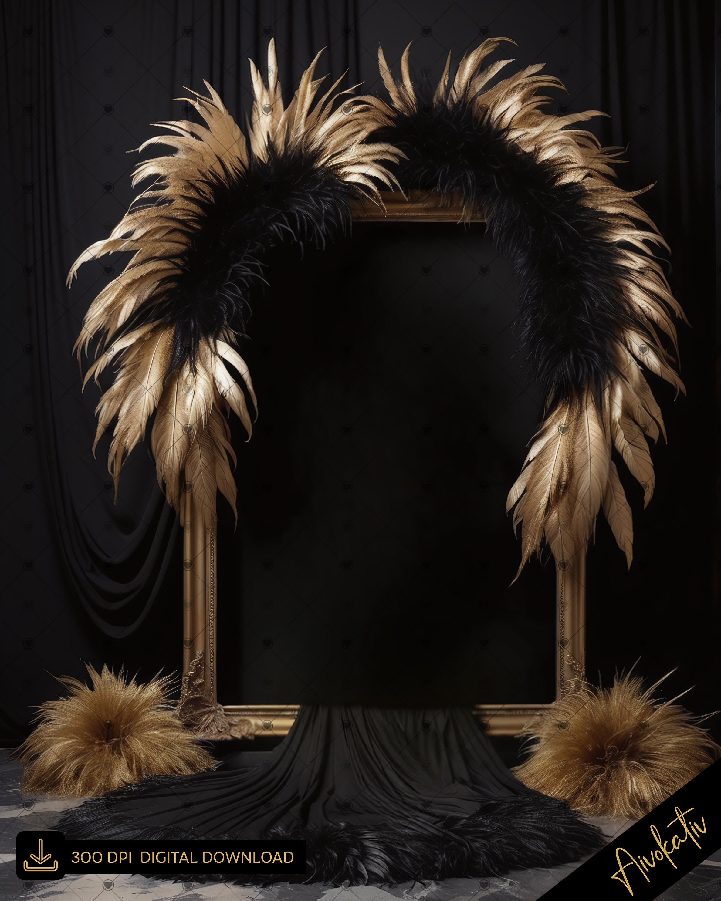 Vintage Vogue Golden Frame Digital Photography Backdrop, Feathers ...