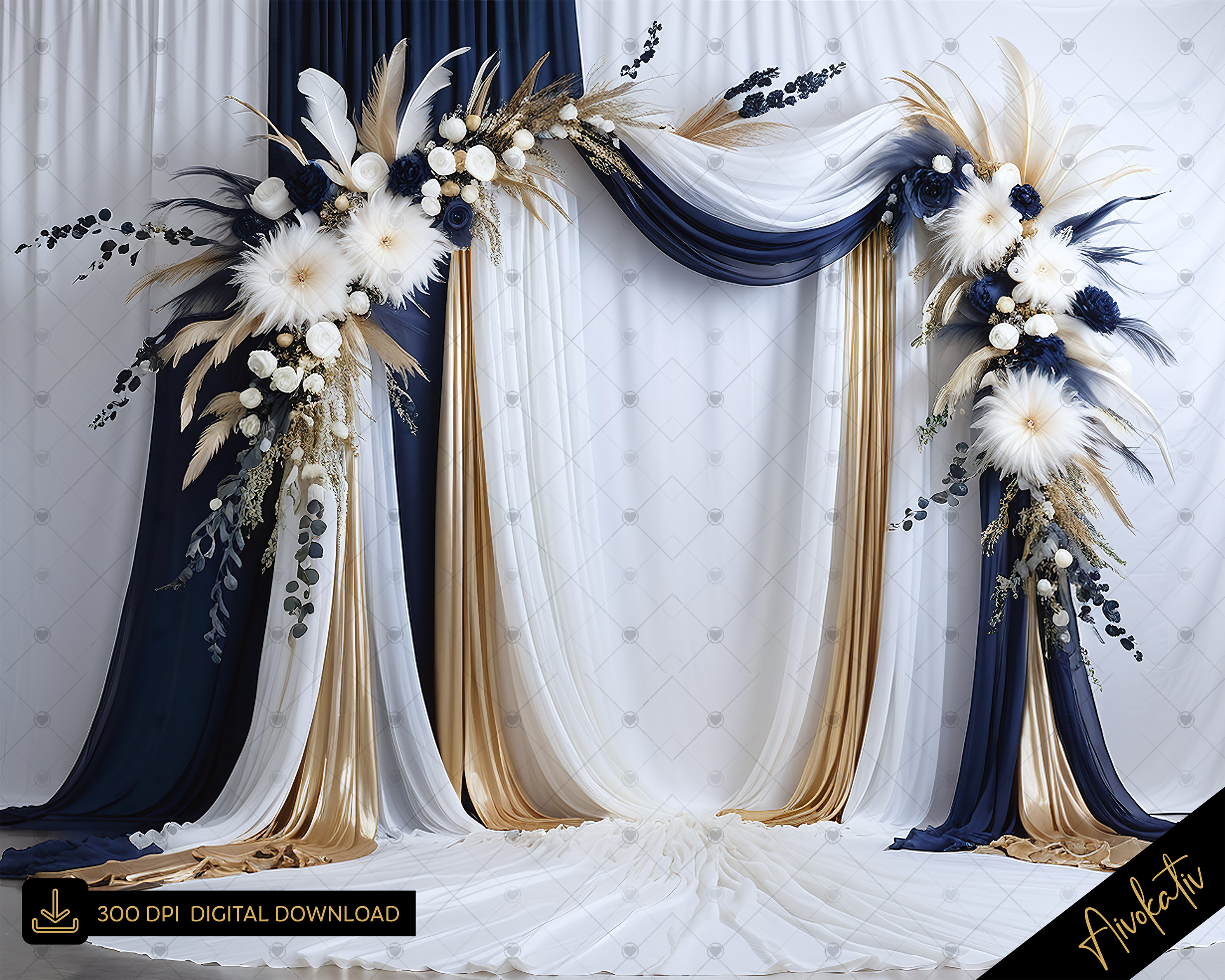 Elegant Navy, White & Gold Digital Photography Backdrop, Boho Digital ...