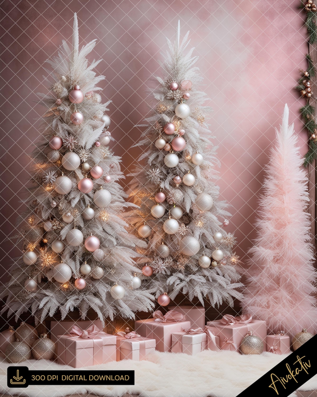 Elegant Pink Christmas Digital Photography Backdrop, Holiday Digital ...