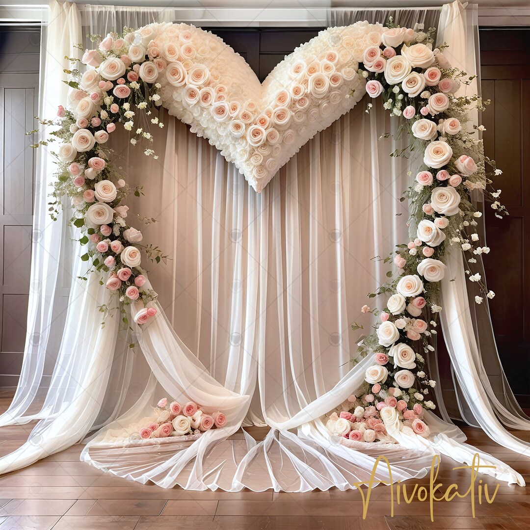 Romantic Wedding Floral Heart Digital Photography Backdrop Boho Digital ...