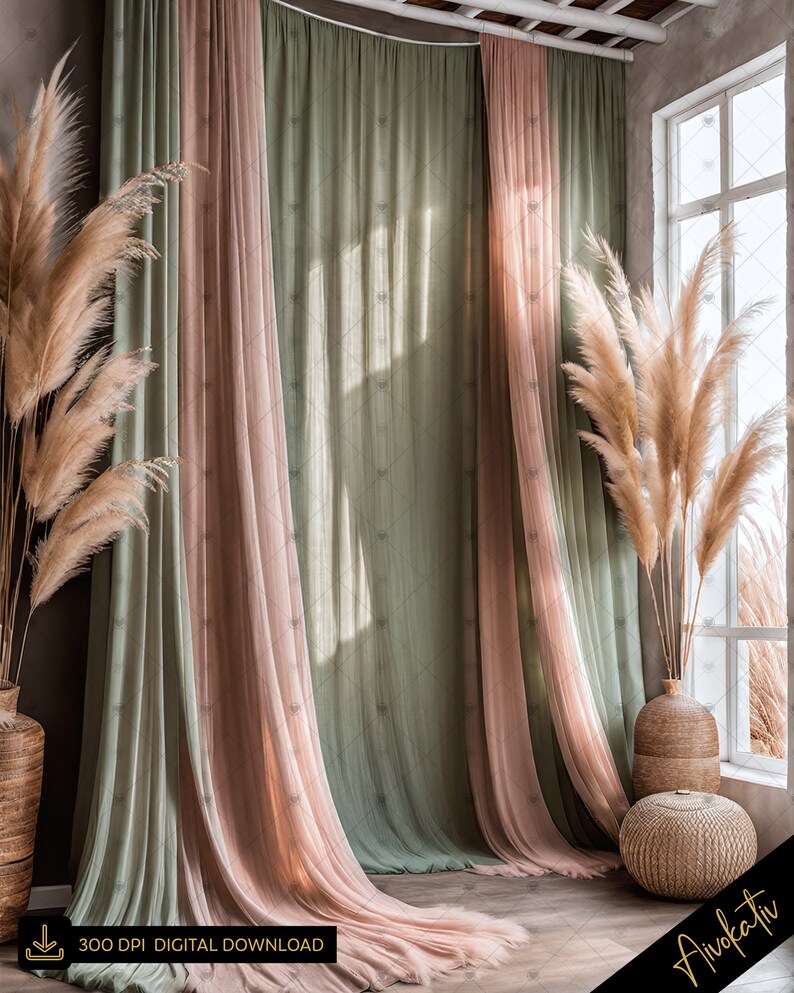 Elegant Soft Sage & Peach Digital Photography Backdrop, Boho Fabric ...