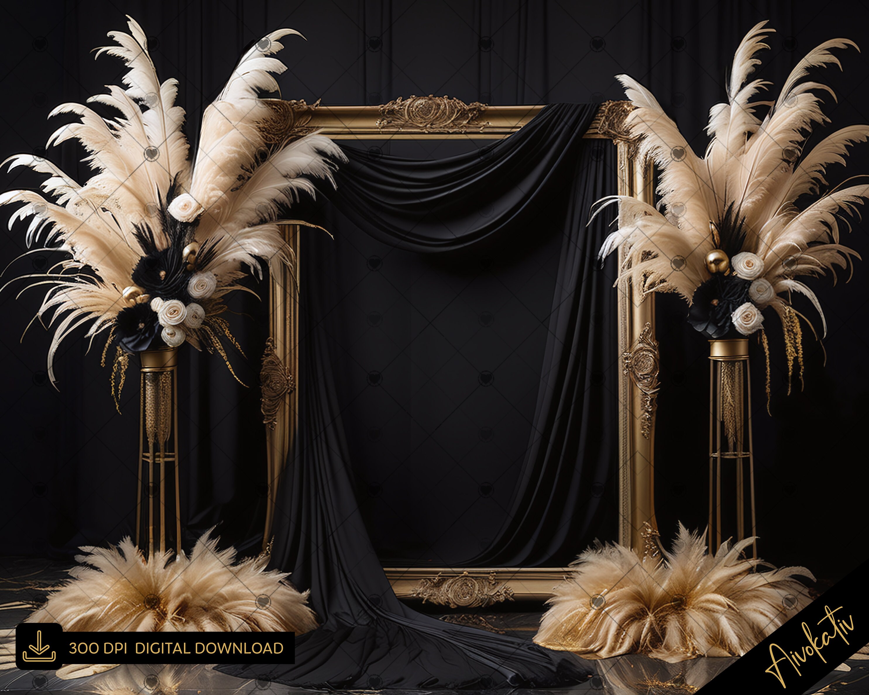 Vintage Vogue Golden Frame Digital Photography Backdrop, Feathers ...