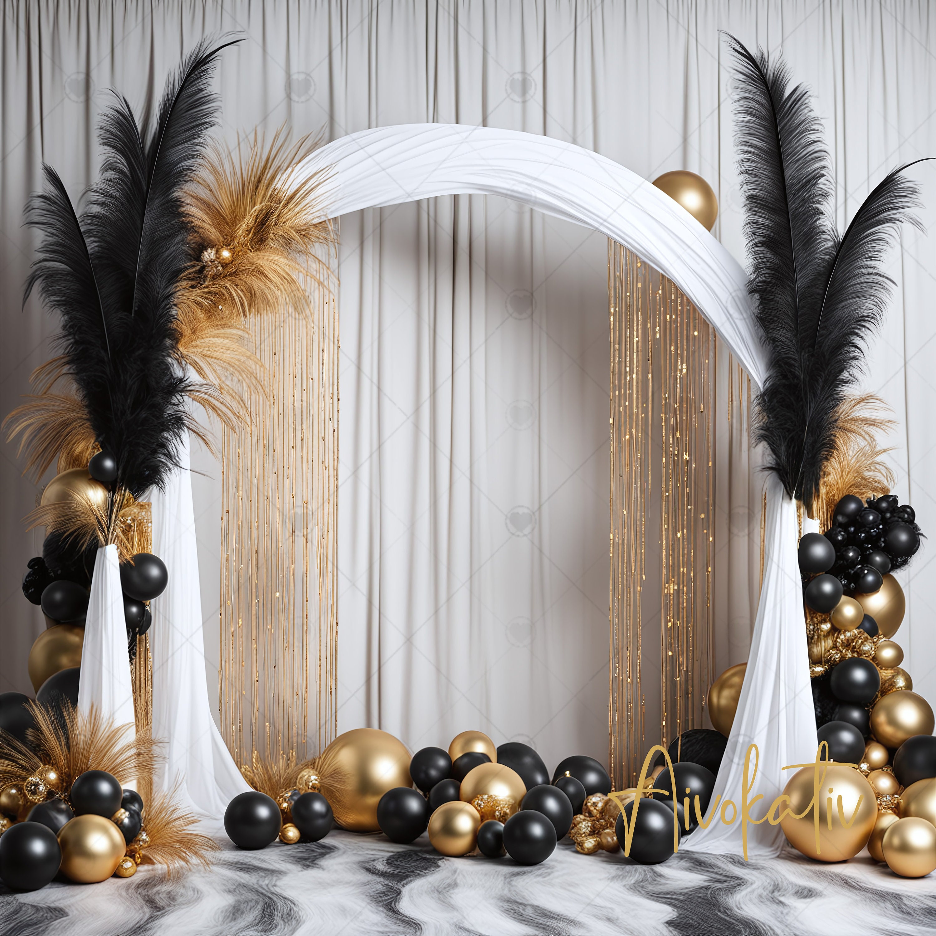 Elegant Black, White & Gold Digital Photography Backdrop Feathers and ...