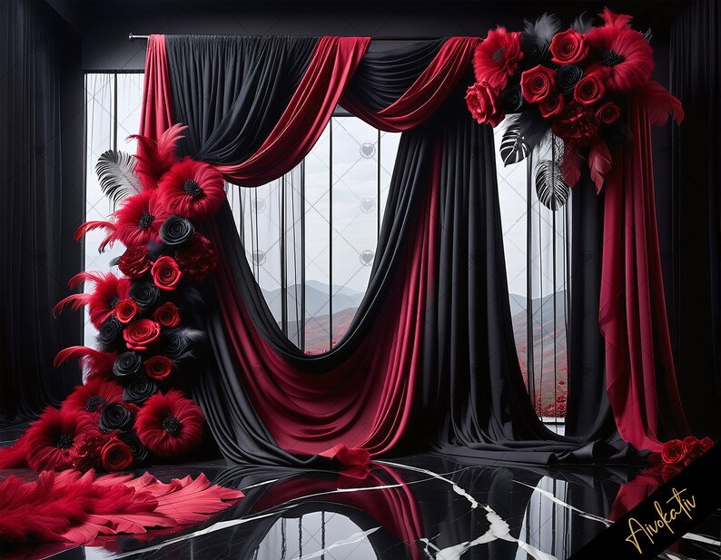 Elegant Red & Black Digital Photography Backdrop, Dramatic Fabric ...