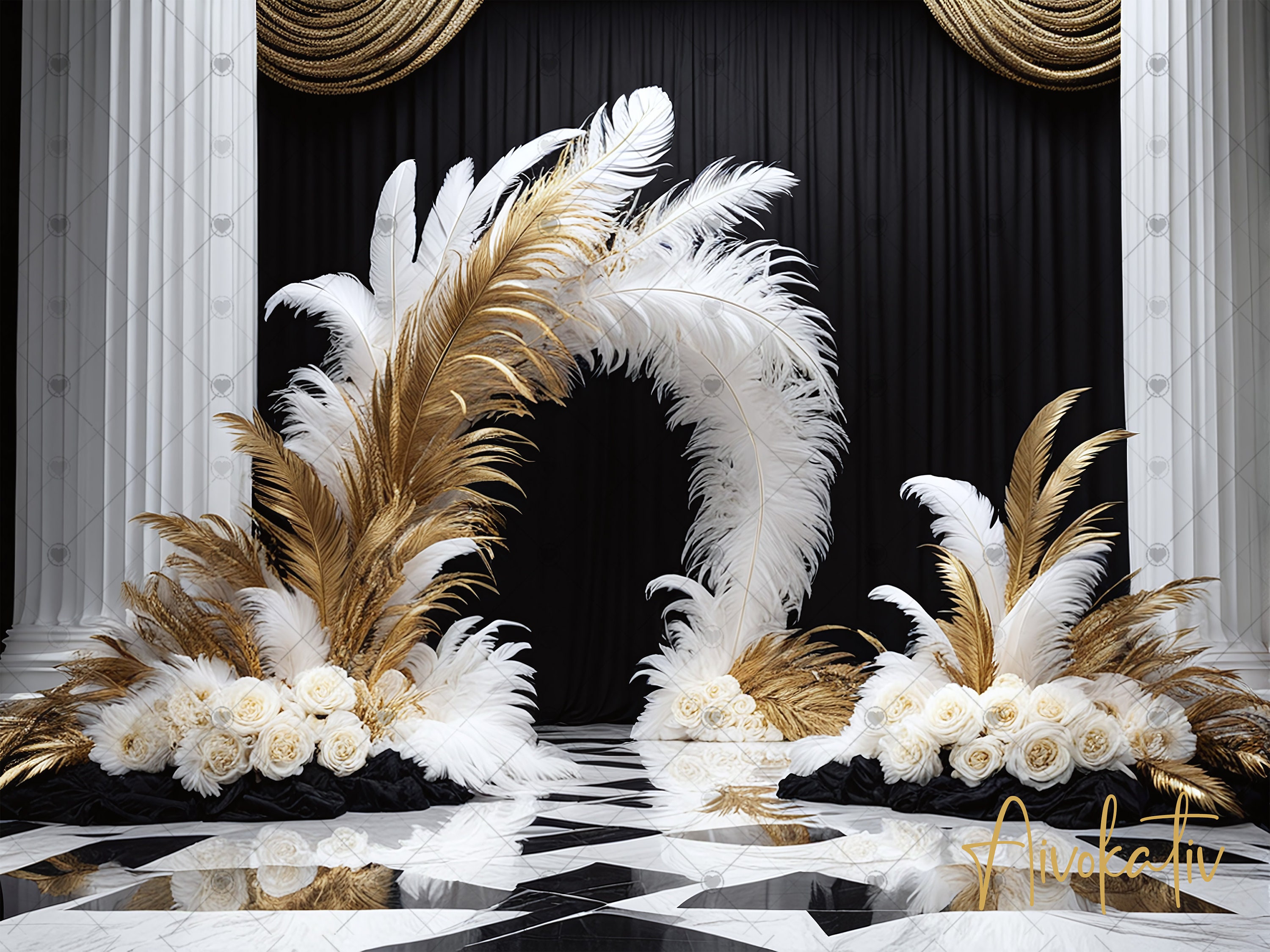 Elegant White, Black & Gold Digital Photography Backdrop Feathers and ...