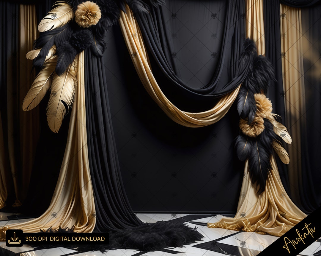 Elegant Black & Gold Digital Photography Backdrop, Dramatic Fabric ...