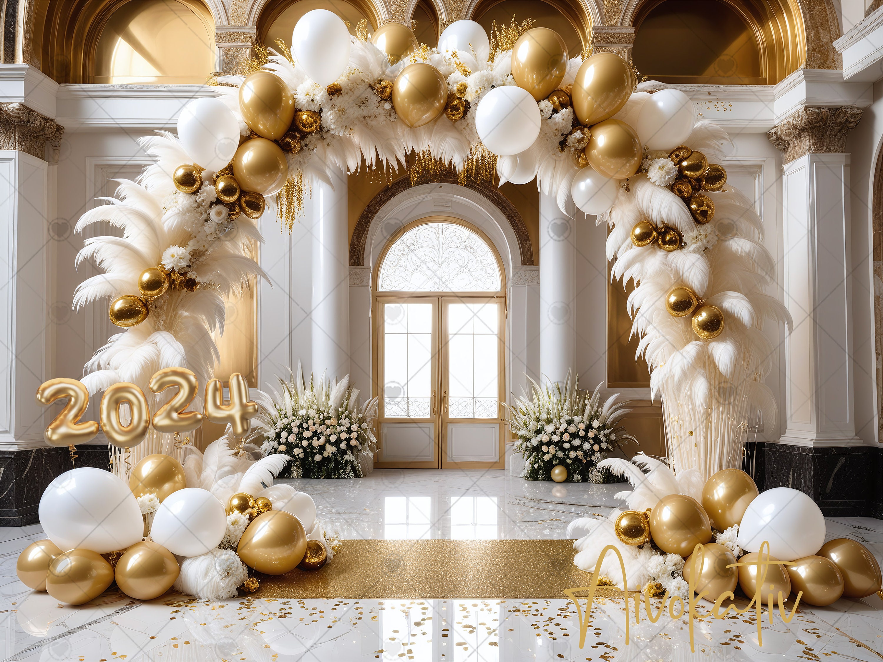 Elegant White & Gold 2024 Photography Digital Backdrop Glitter Balloons ...
