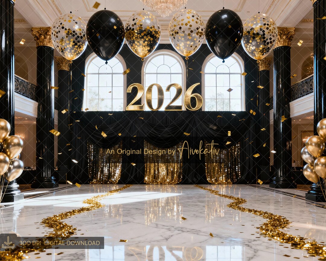 NYE 2026 Black Gold Ivory Digital Backdrop, New Years 2026, Prom Event ...