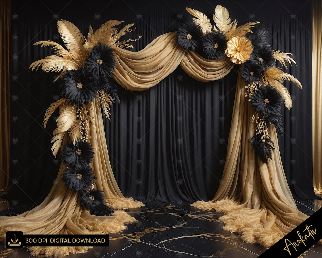 Elegant Black & Gold Digital Photography Backdrop, Dramatic Flowers ...