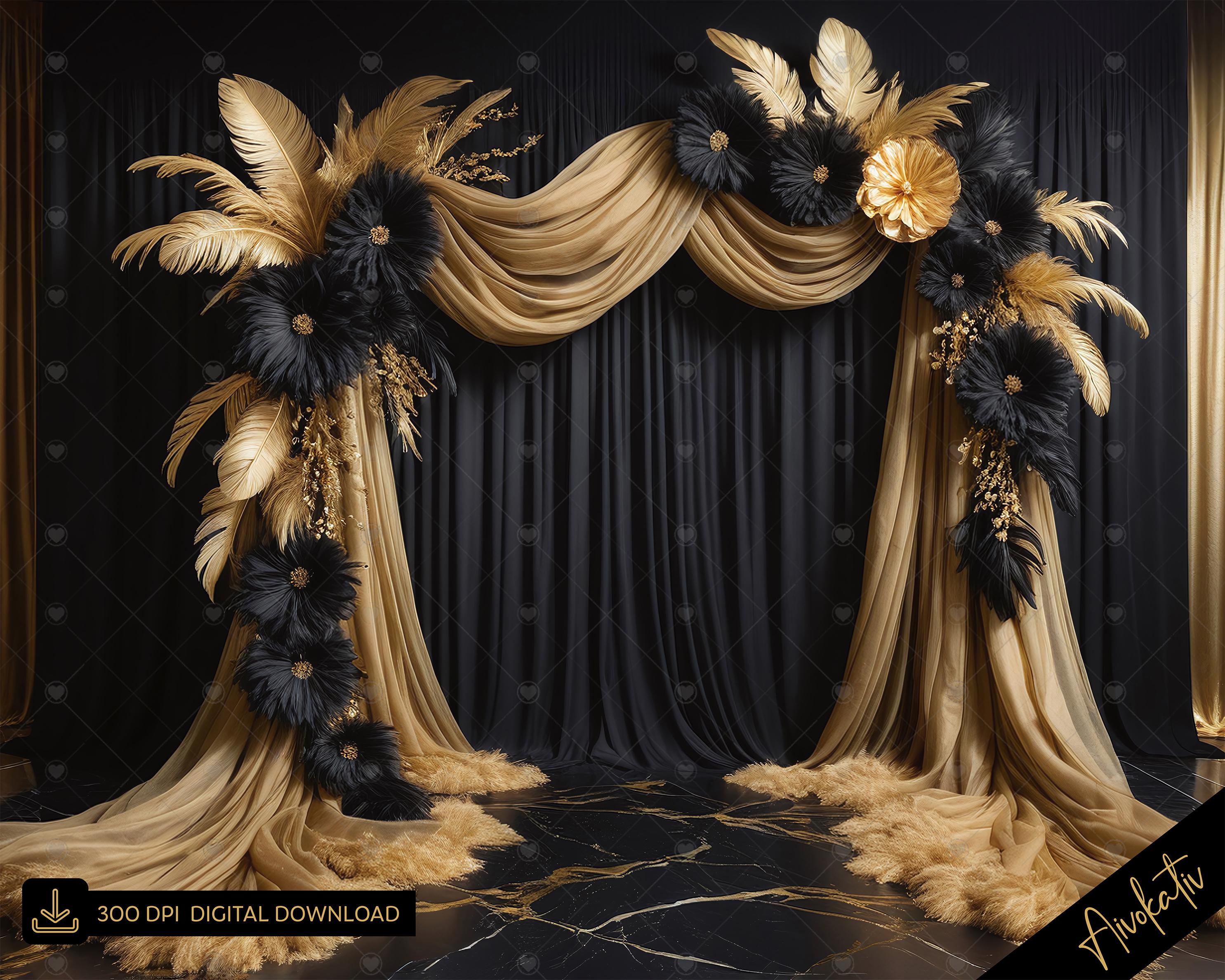 Elegant Black & Gold Digital Photography Backdrop, Dramatic Flowers ...