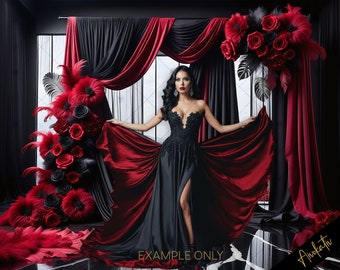 Elegant Red & Black Digital Photography Backdrop, Dramatic Fabric ...