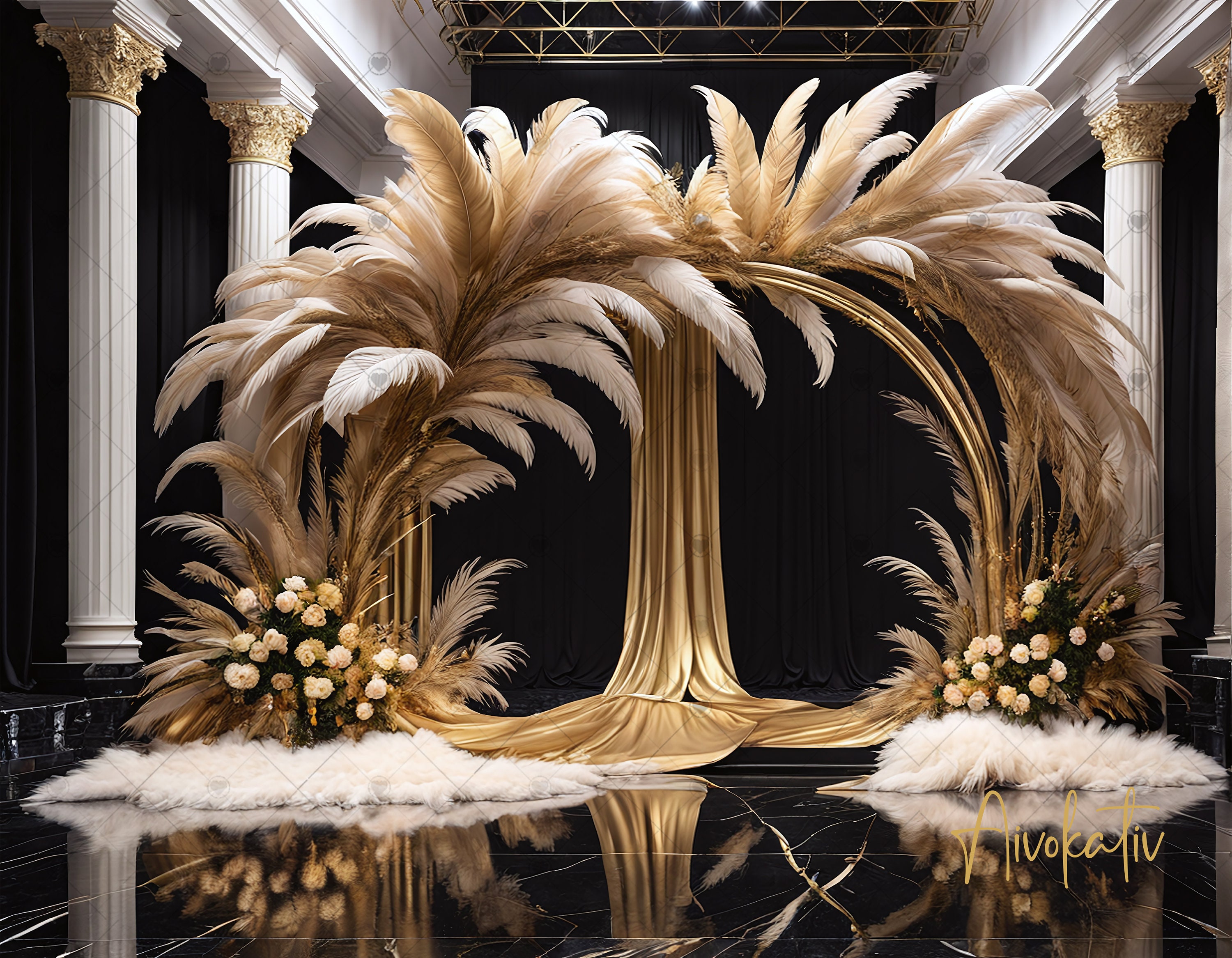 Elegant Black & Gold Digital Photography Backdrop Feathers and Flowers ...
