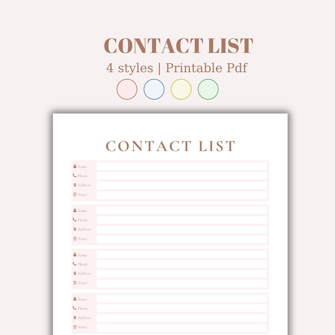 Emergency Contact List Phone List Address Book Contact Information A4