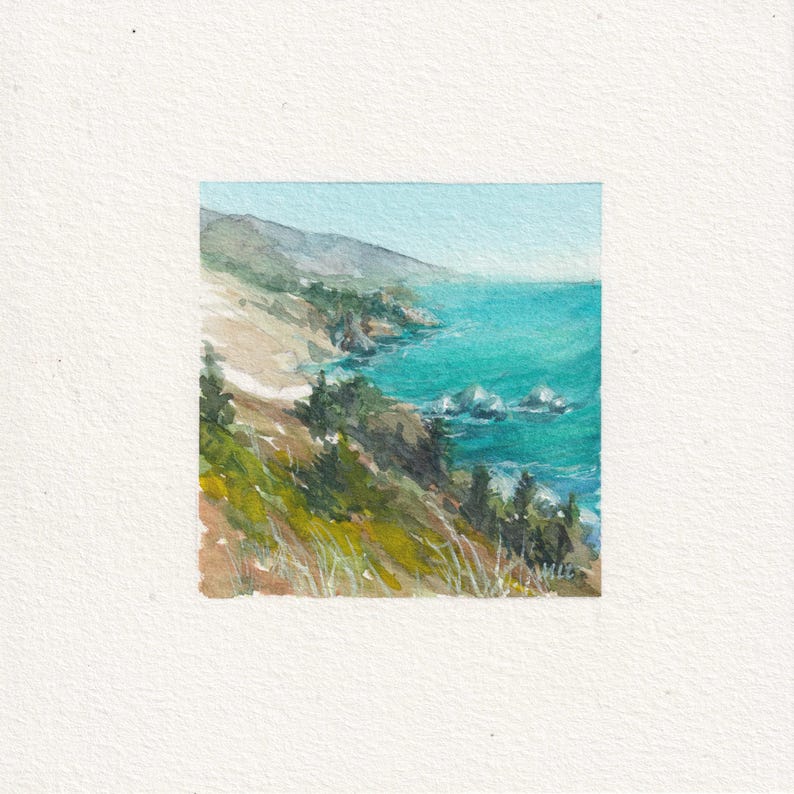 Original Mini Seascape Painting, Hand-painted Coastal Art in Gouache ...