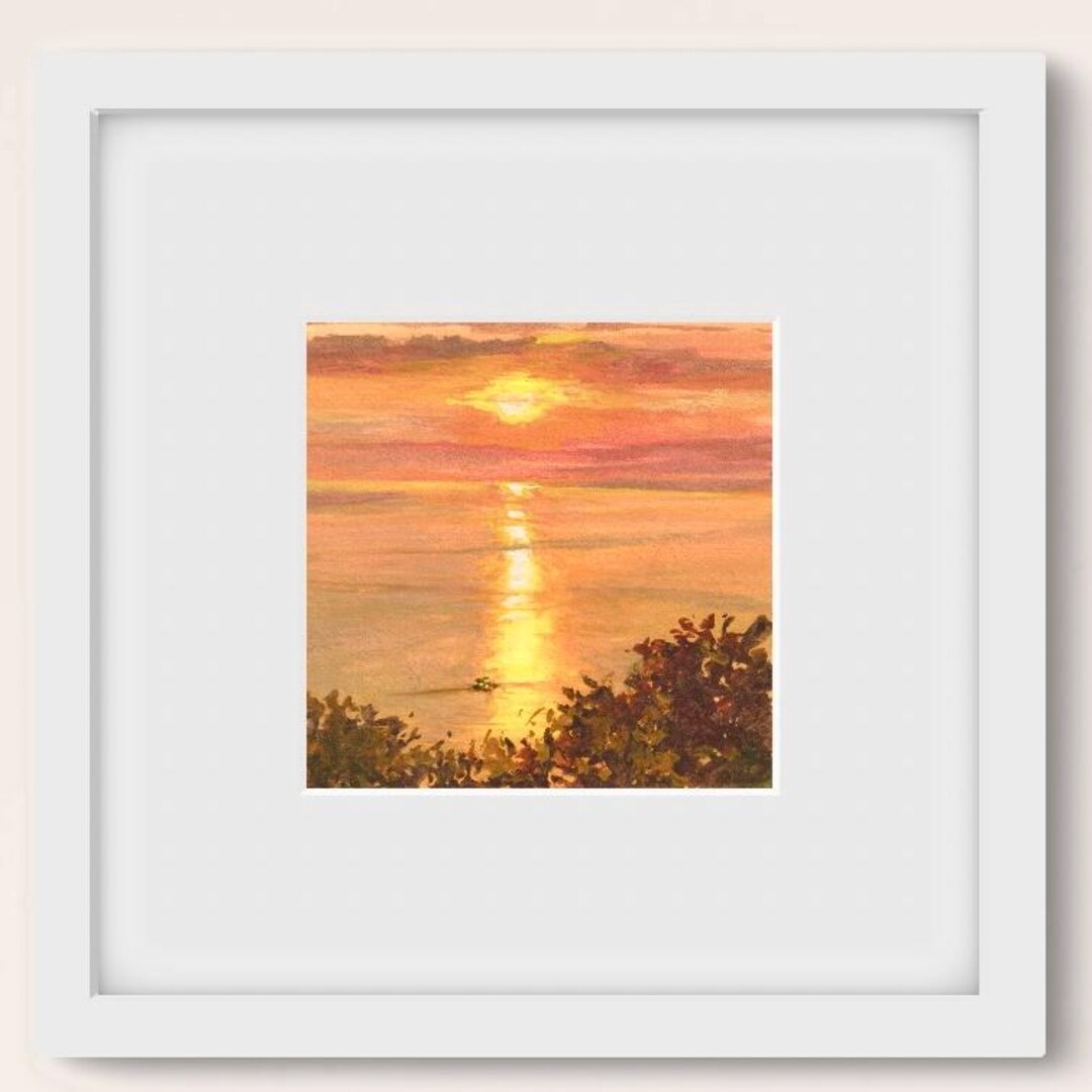 Original Mini Gouache Seascape, 5x5 Pacific Ocean Sunset Nature ...