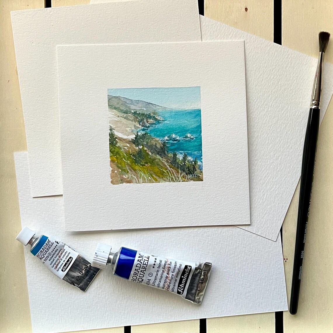 Original Mini Seascape Painting, Hand-painted Coastal Art in Gouache ...