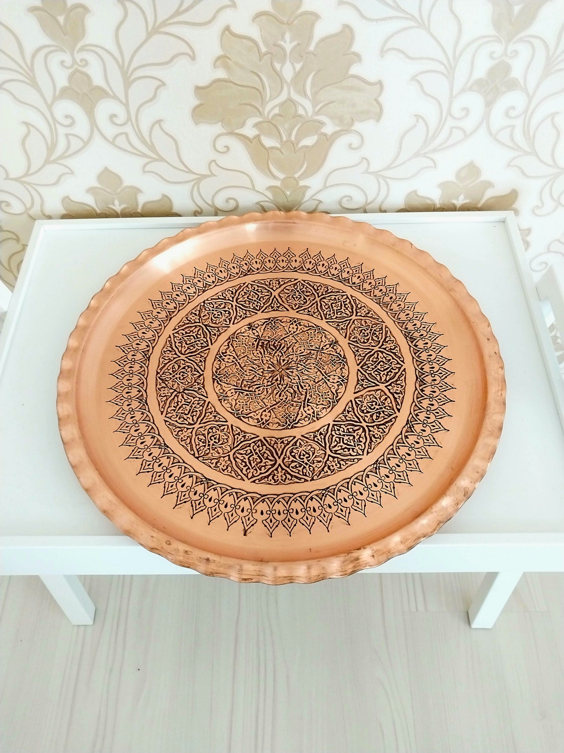 15 Inches Handmade Copper Decorative Tray, Engraved Turkish Copper, Vintage Serving Tray,copper ...