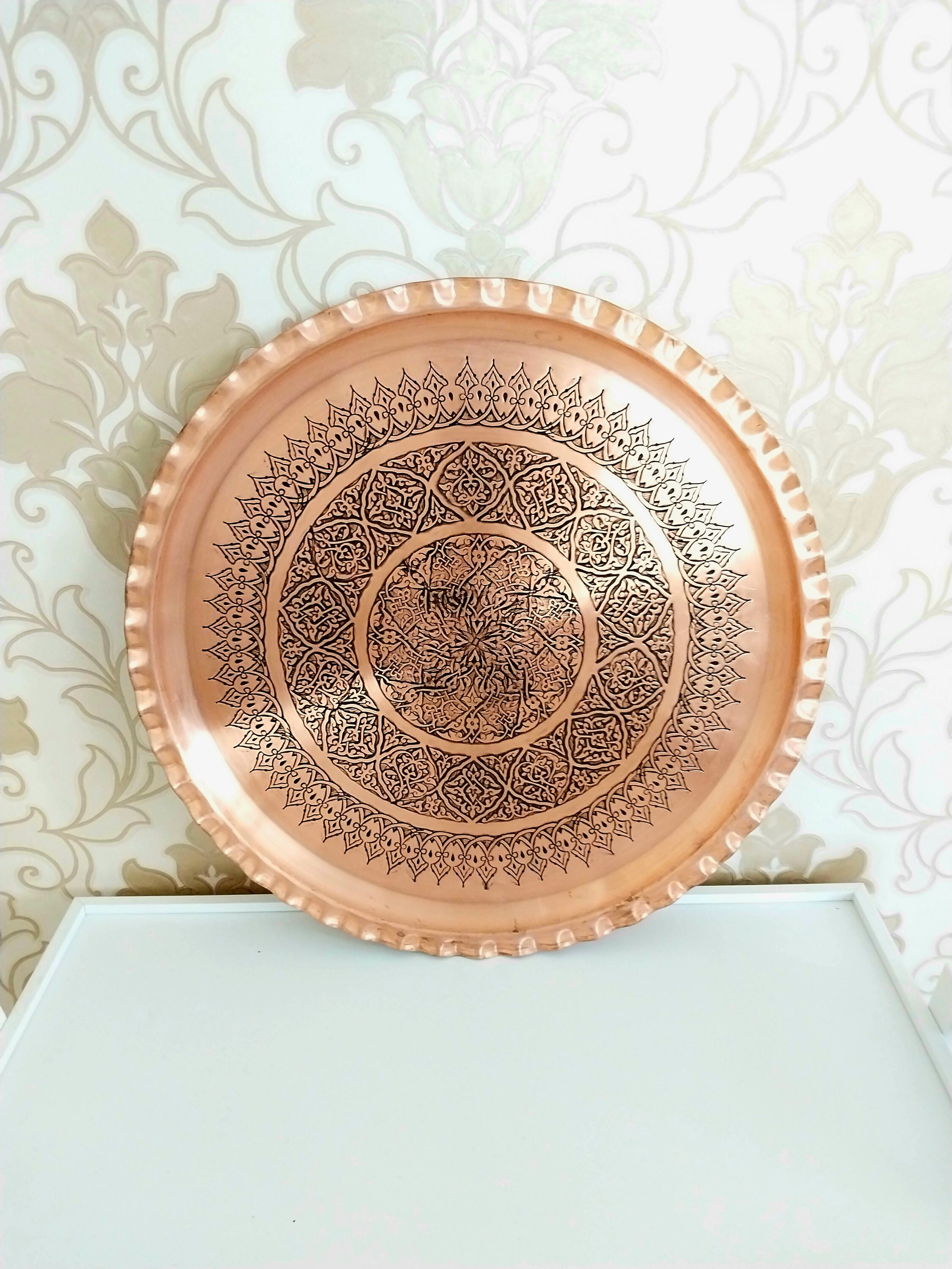 15 Inches Handmade Copper Decorative Tray, Engraved Turkish Copper ...
