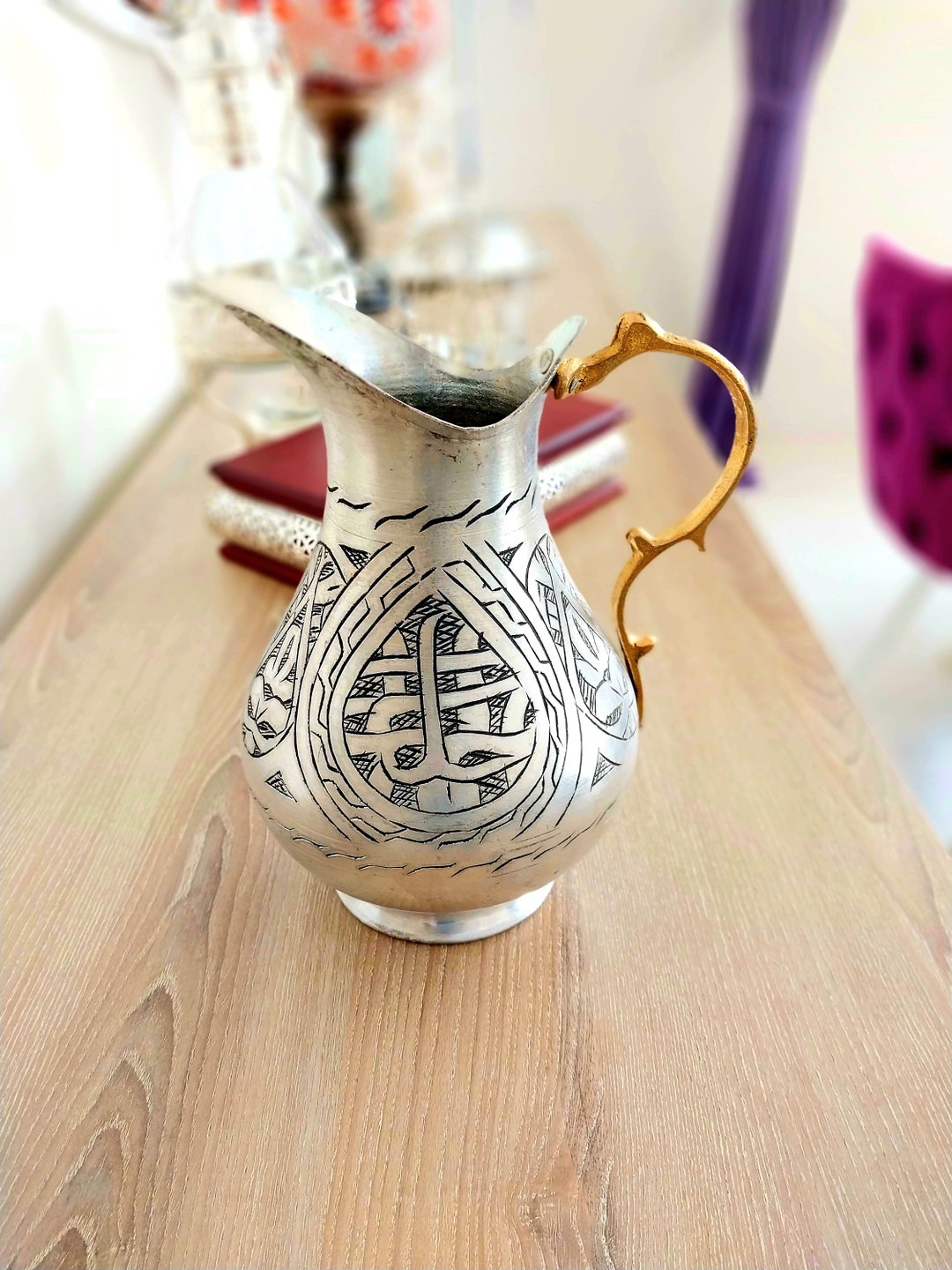 Engraved Copper Pitcher 2 Liters, Handmade Tumbled Copper Carafe ...