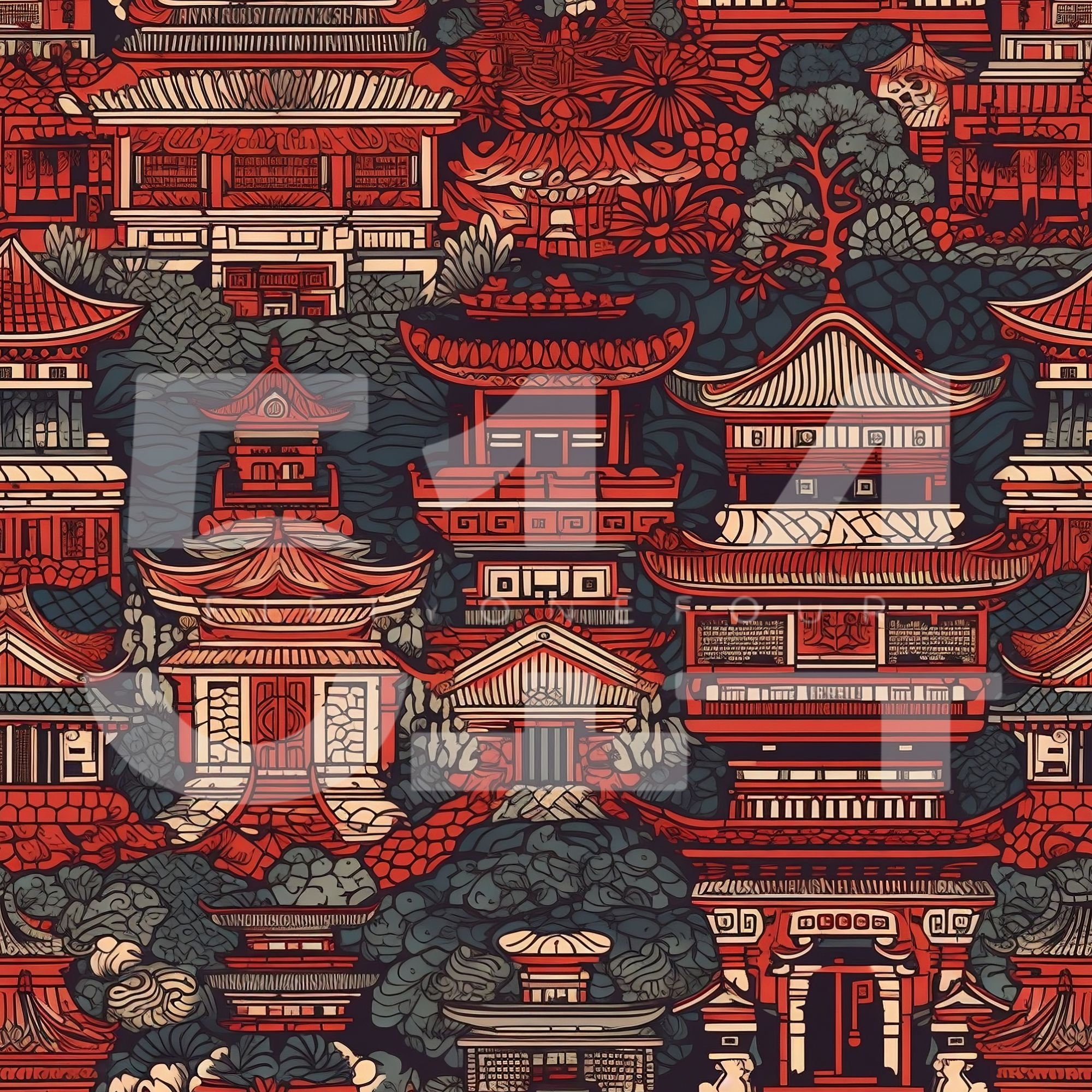 Asian Temple, Japanese Art, Chinese Art, Seamless Digital Printable ...