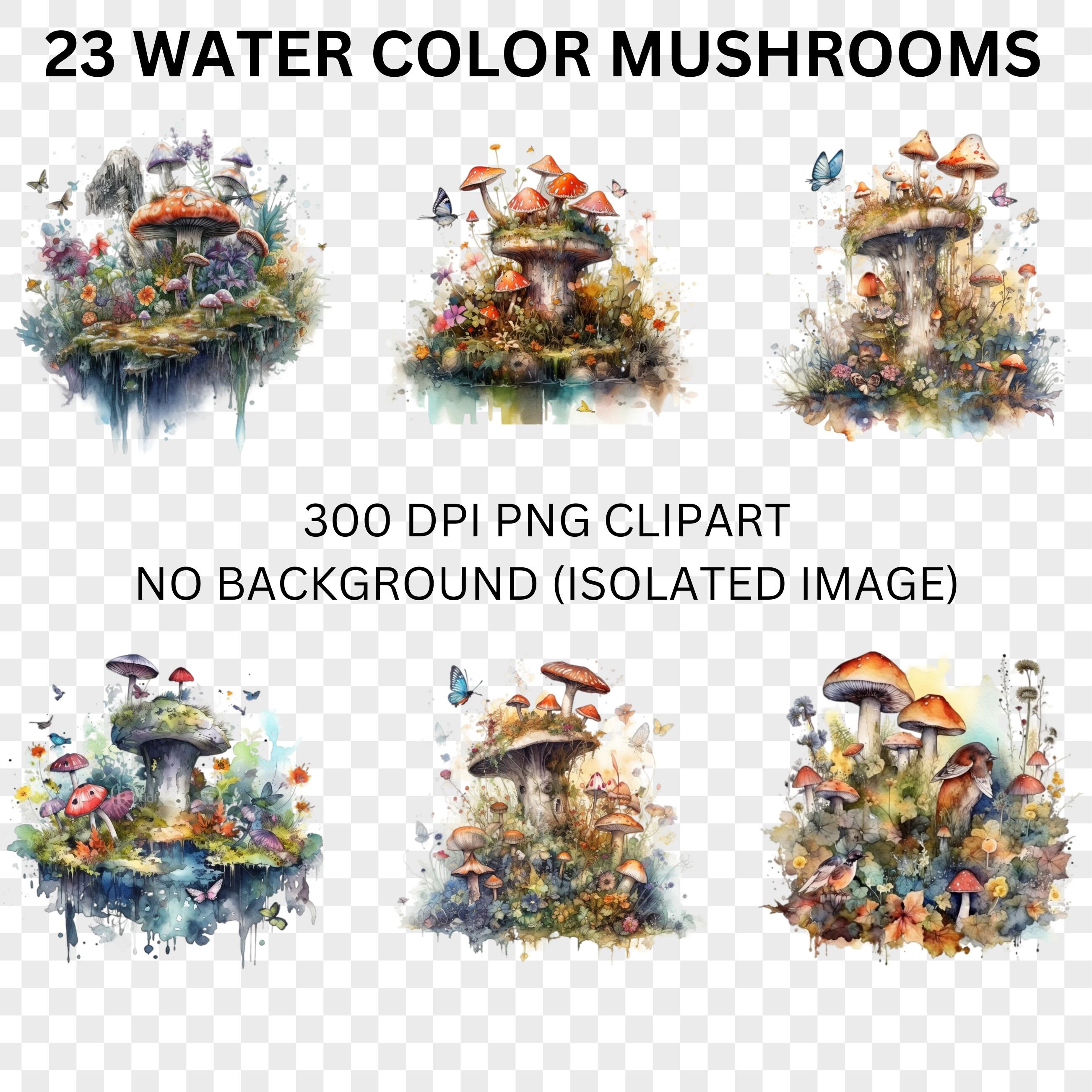 Mushroom Watercolor Paint Clipart, Set of 23 Files, Fantasy Mushroom ...