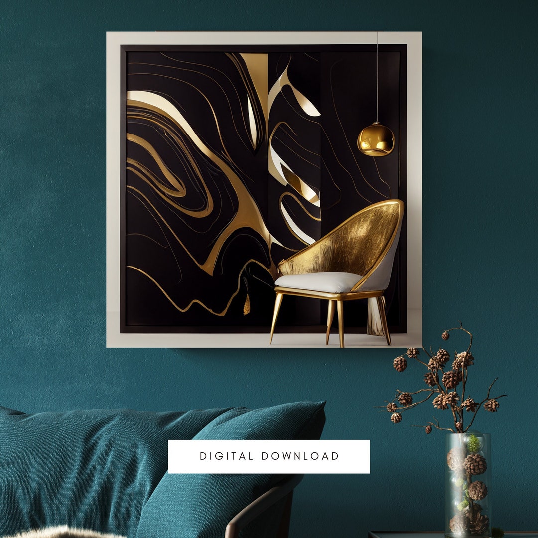Abstract Digital Art, Digital Download Wall Art, Black & Gold Modern ...