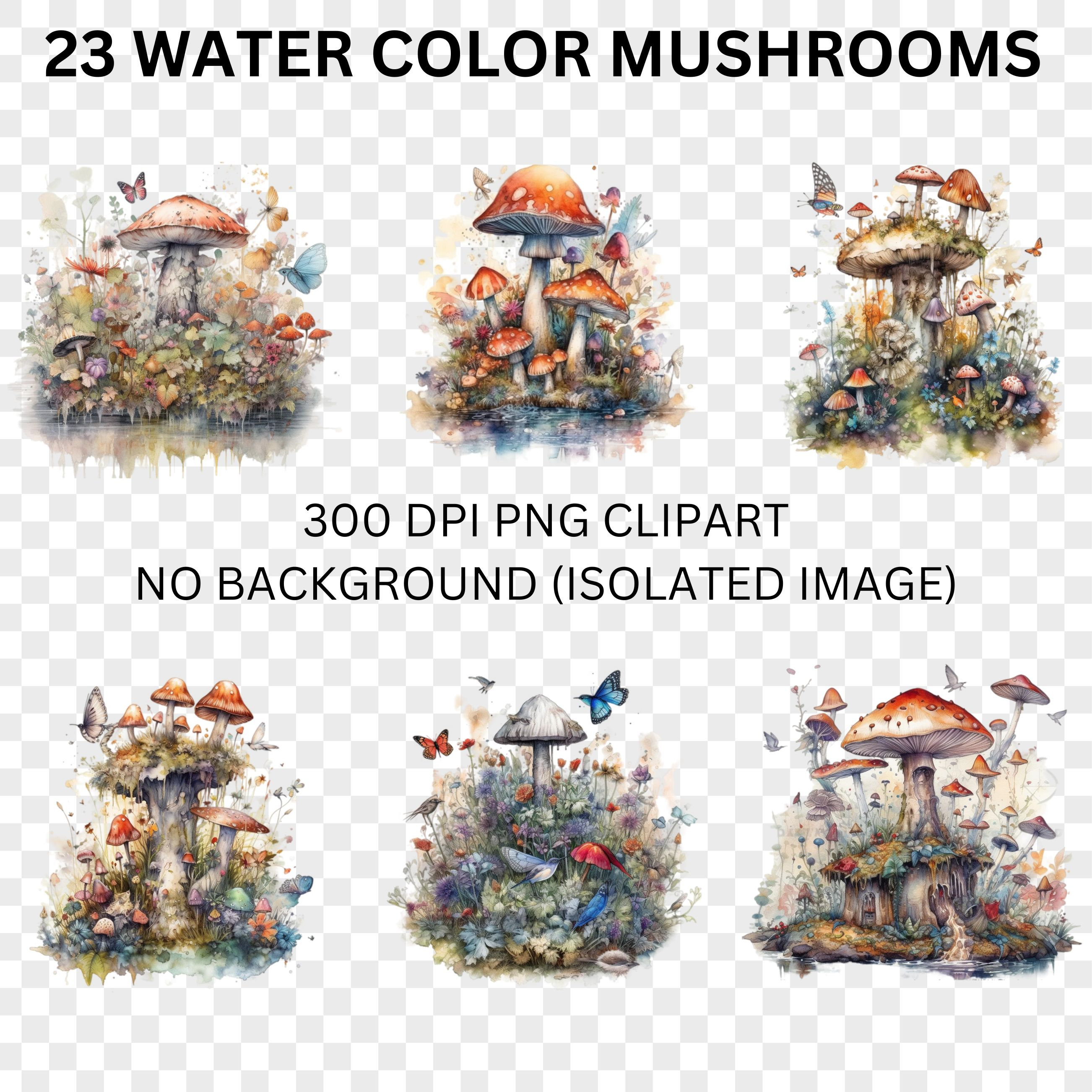 Mushroom Watercolor Paint Clipart, Set of 23 Files, Fantasy Mushroom ...