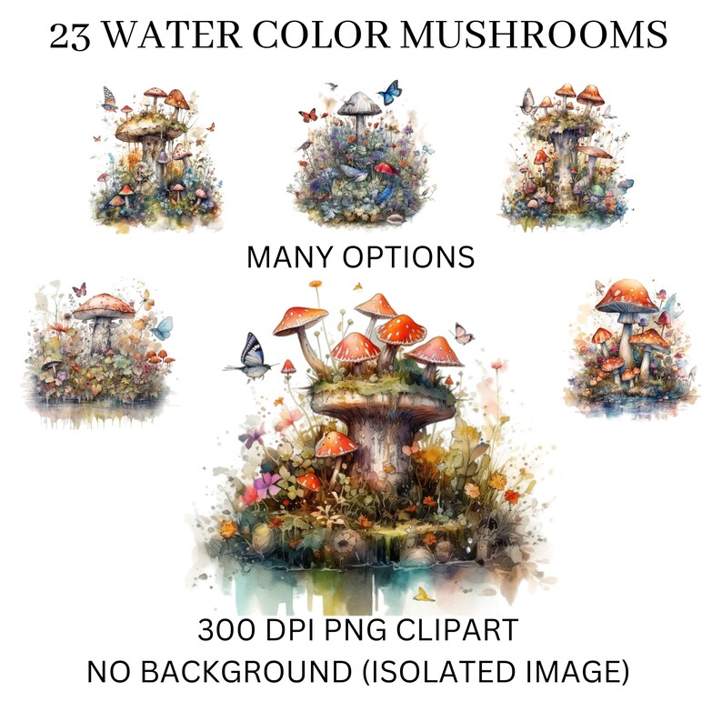 Mushroom Watercolor Paint Clipart, Set of 23 Files, Fantasy Mushroom ...