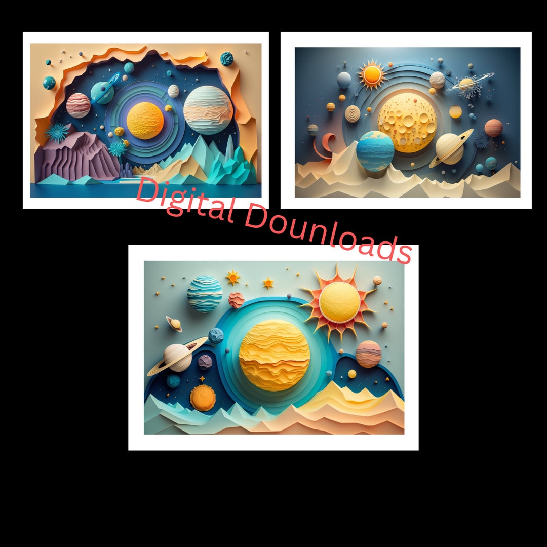 3D Solar System Wall Art, Set of 3 Prints, Digital Educational Wall Art ...