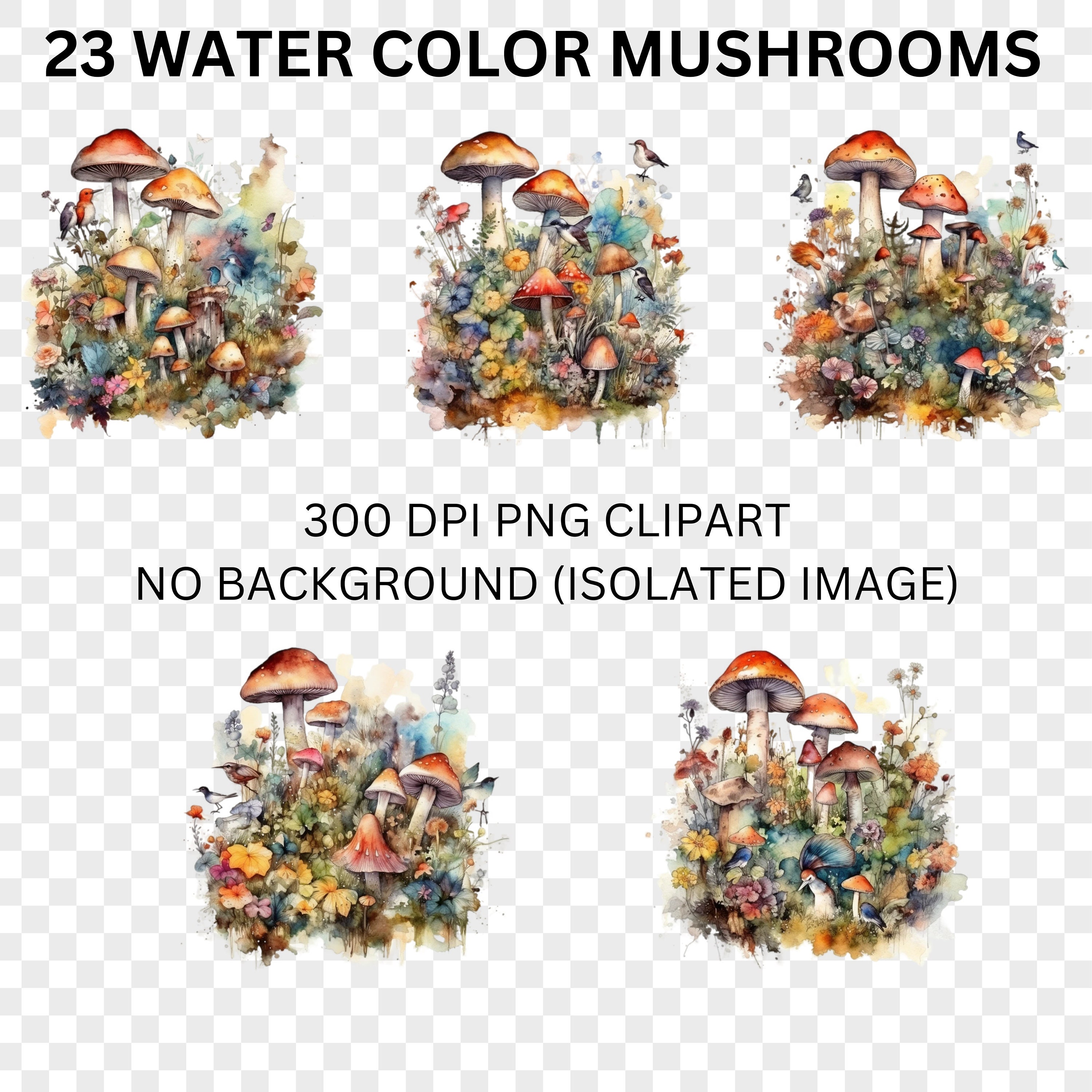 Mushroom Watercolor Paint Clipart, Set of 23 Files, Fantasy Mushroom ...