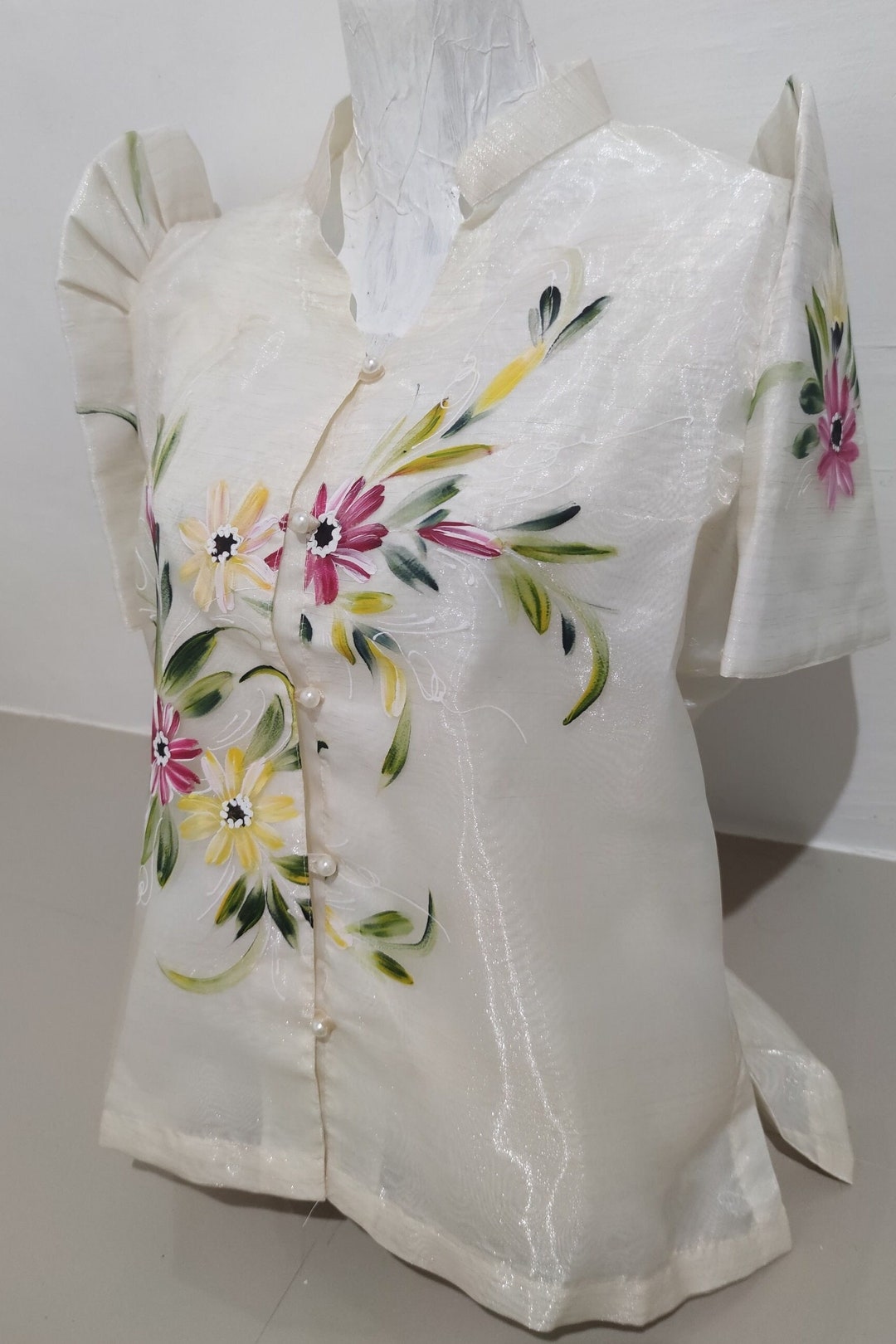 Handpainted Filipiniana Top | Piña Organza | Butterfly Sleeves | Imelda ...