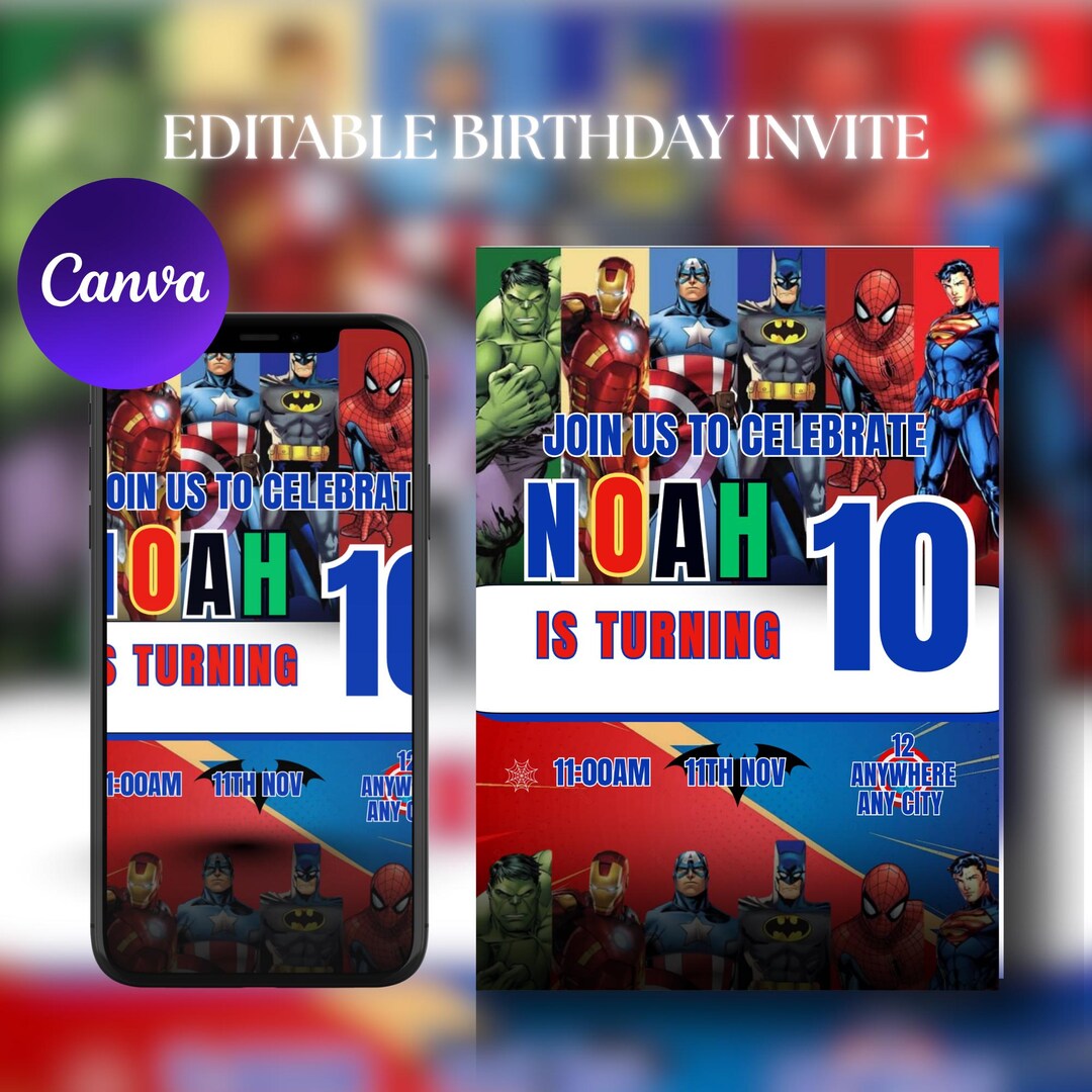 Superheroes Birthday Invitation, Editable Canva Template (digital ...