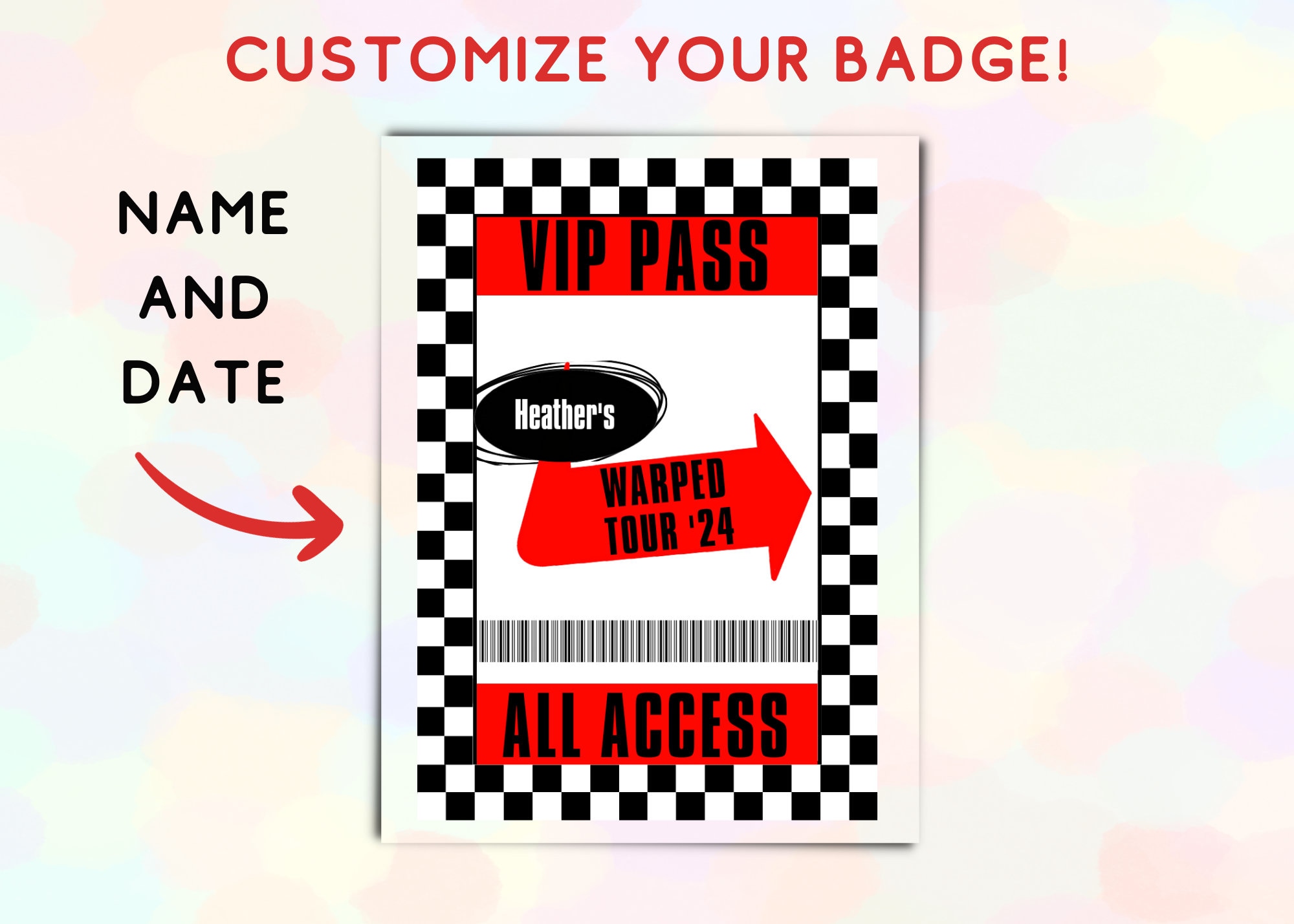 Warped Tour Theme VIP Badge Customize | Warped Tour, Any Birthday ...
