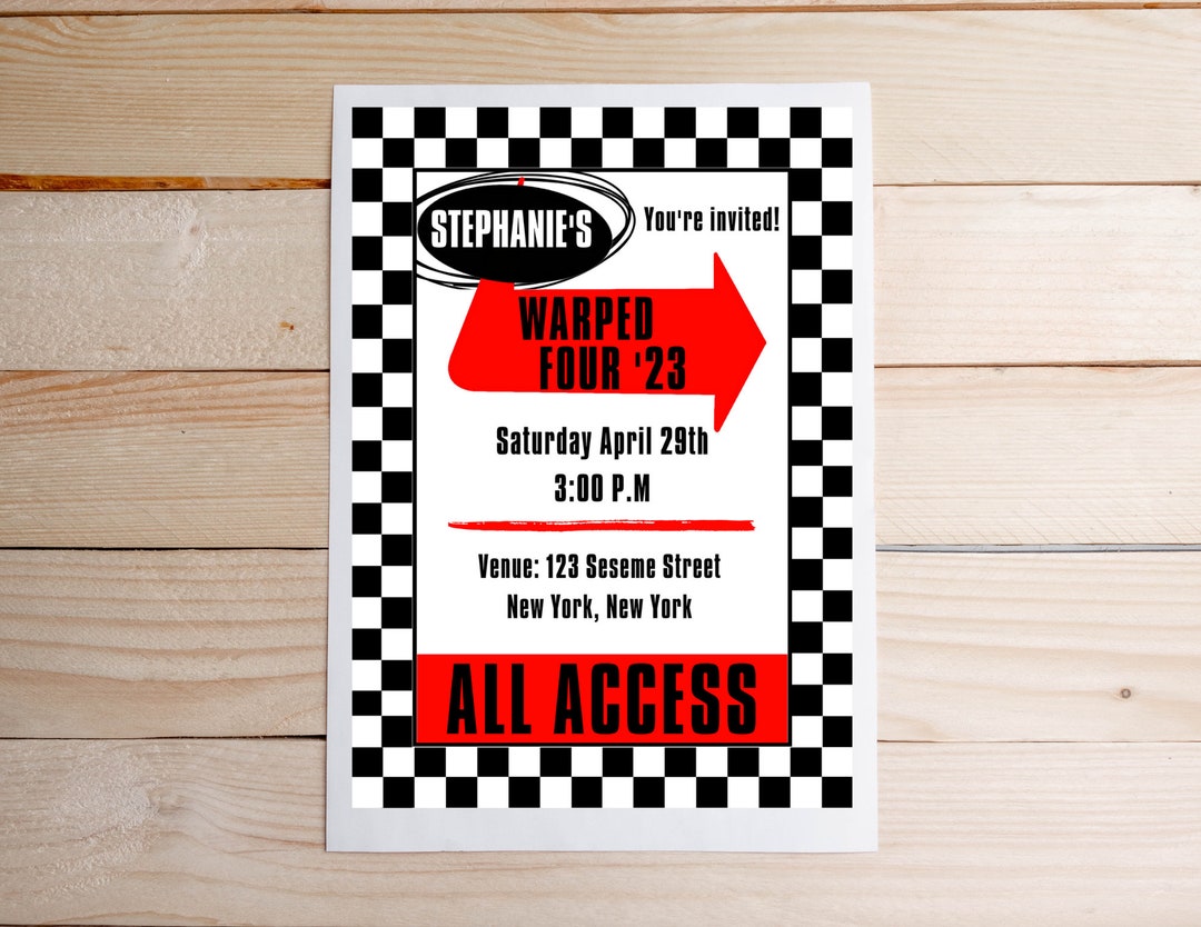 Warped Tour Theme Birthday Customized Invitation | 5x7, Warped Four, Fourth Birthday, Instant ...