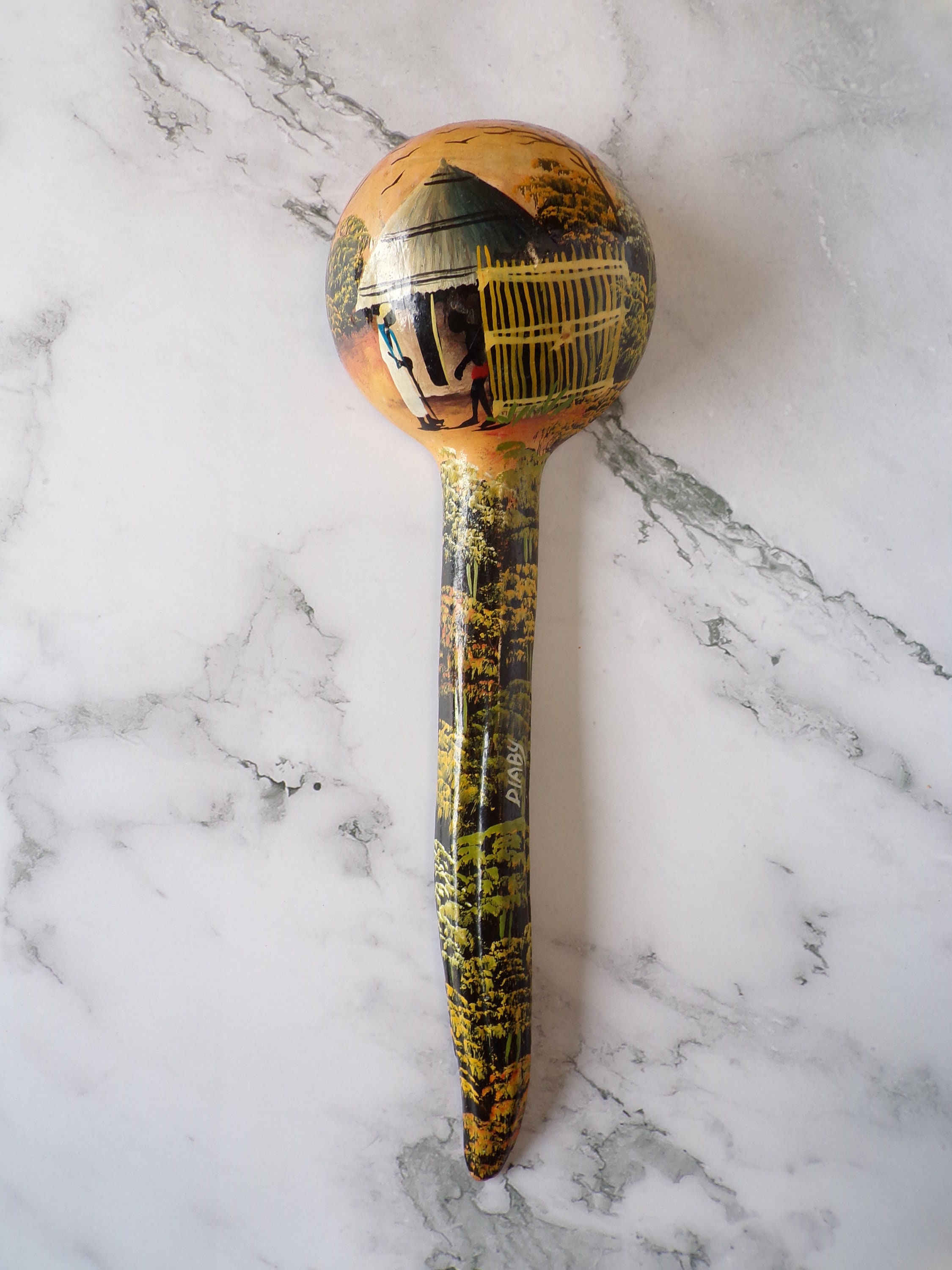 Vintage Handmade Calabash Gourd Dipper, African Gourd Ladle Handpainted ...