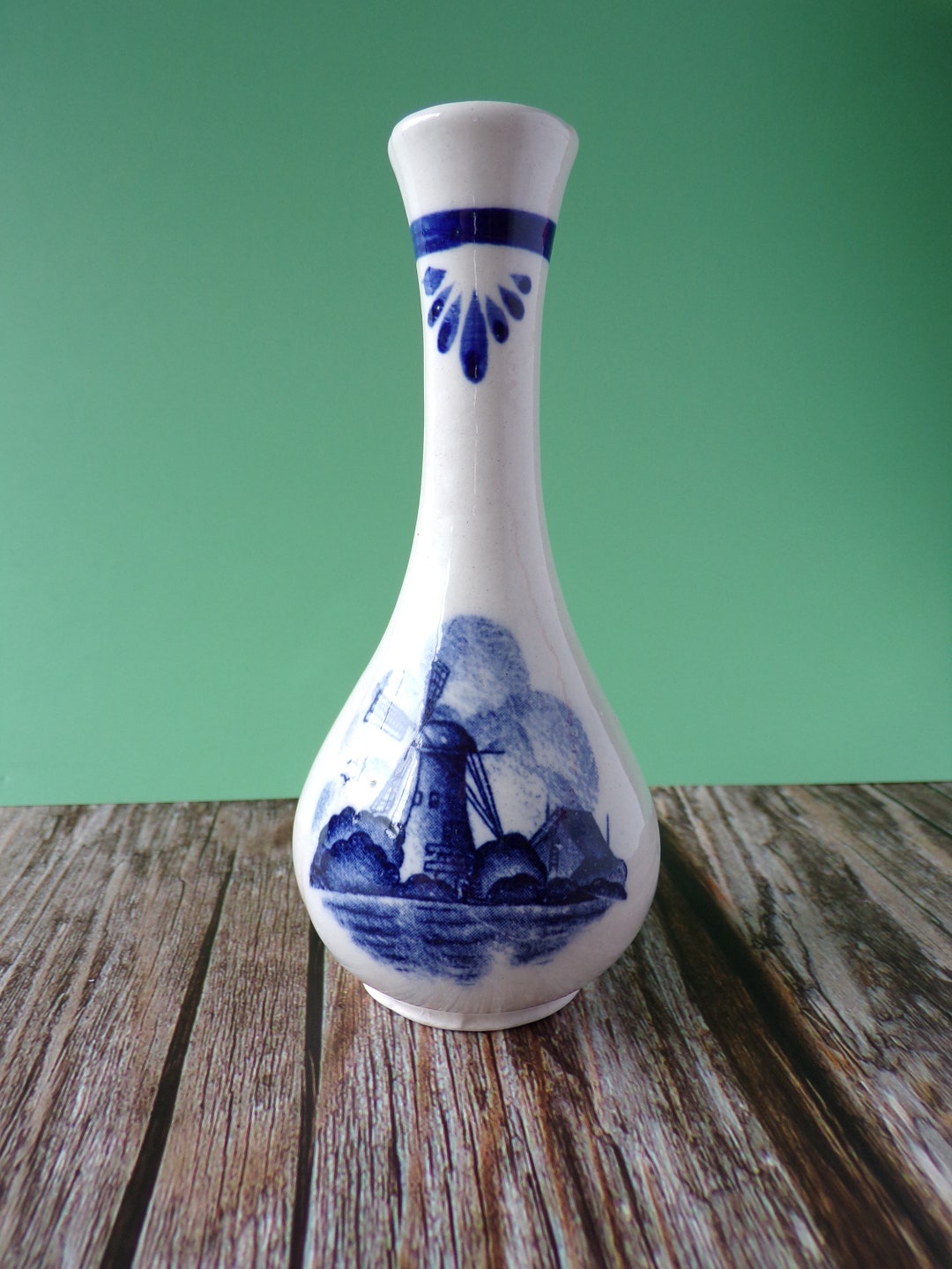 Vintage Dutch Delft Bud Vase, Blue and White Windmill and Flower ...
