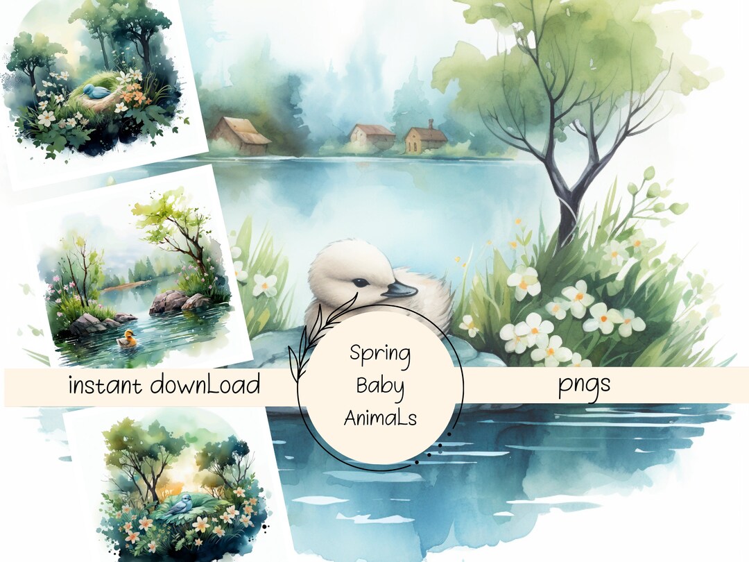 Watercolor Spring Scenes With Baby Birds and Ducks, Blue, Birth ...