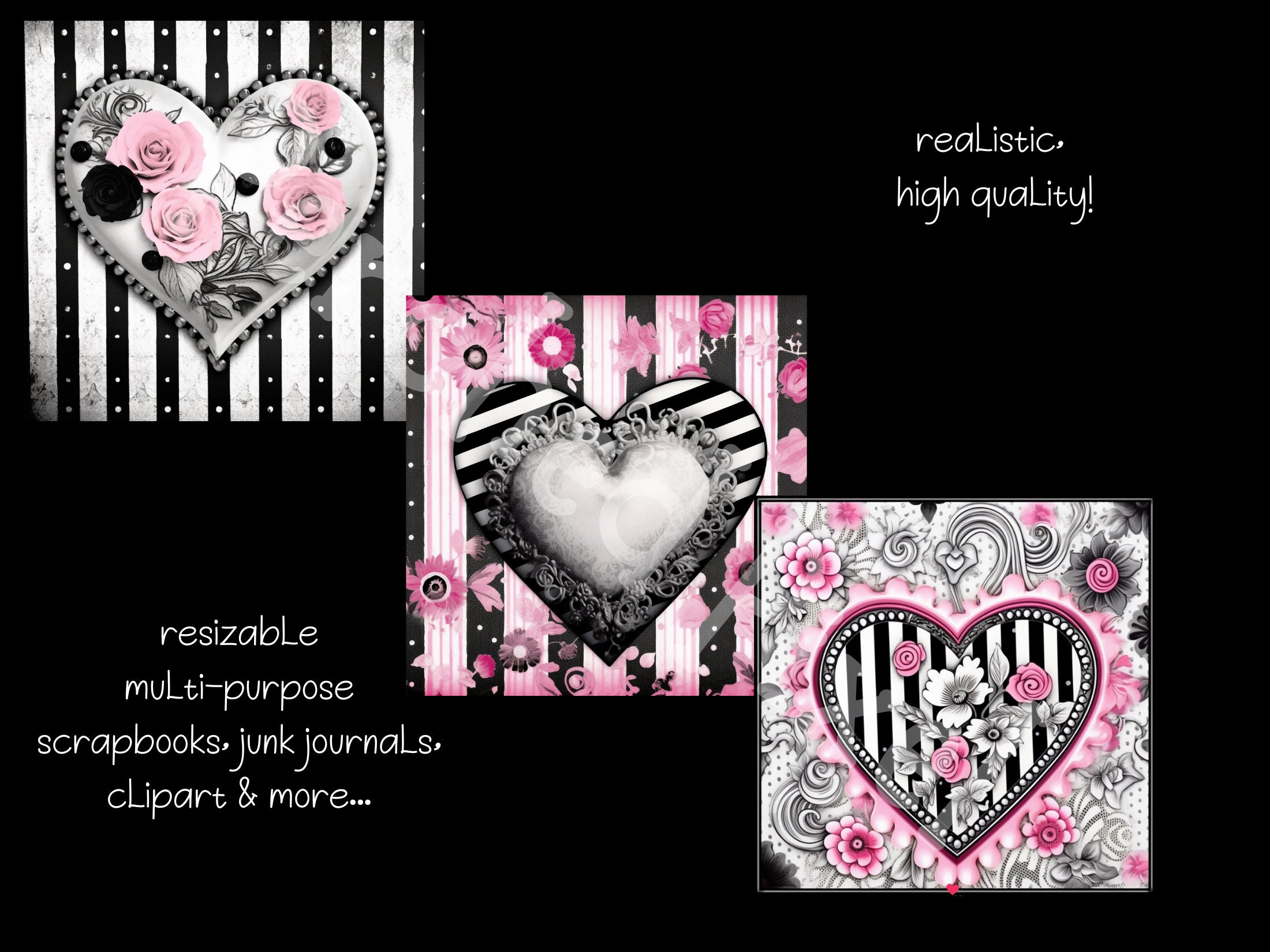 Striped Hearts Clip Art Bundle, Valentines Day PNG, Pink Ephemera ...